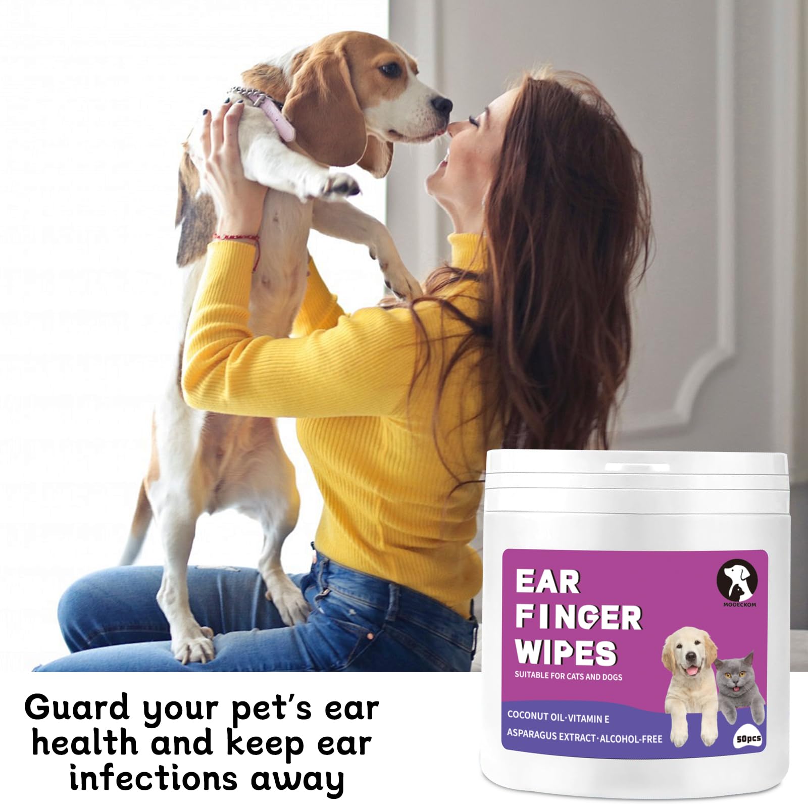 MOOECKOM Dog Ear Cleaner Dog Ear Wipes,Natural Ear Wipes Finger for Dogs & Cats Finger Ear Cleaner Wipes,50 Count