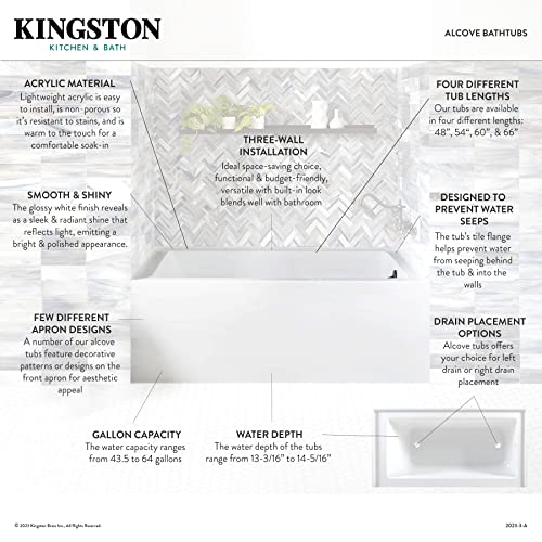 Kingston Brass Aqua Eden VTAP603622L 60-Inch Acrylic Alcove Tub with Left Hand Drain, White