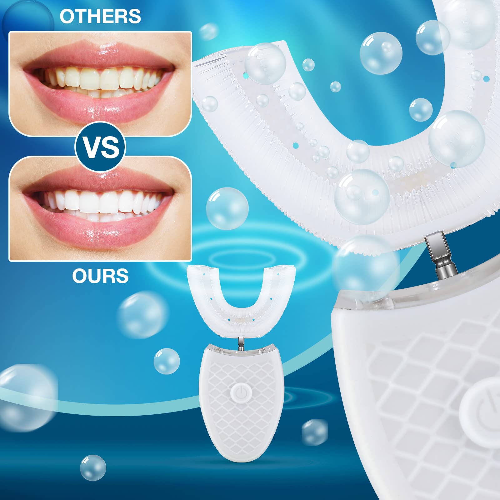 Romooa 2 Pieces Ultrasonic Electric Toothbrush Adults U Shaped Automatic Toothbrushes for Teeth Whitening, 3 Brush Heads, Whole Mouth 360 Degree Cleaning Hands Rechargeable IPX7 Waterproof (No Base)