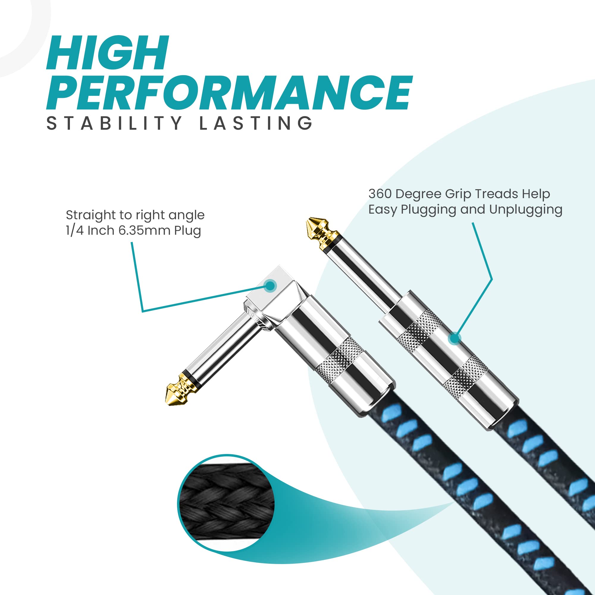 H.F.B.C Blue and Black 16 ft Instrument Cable with Nickel-Plated Connectors, Right Angle-Straight