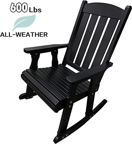 Wooden Rocking Chair with Comfortable Backrest Inclination, High Backrest and Deep Contoured Seat, Solid Fir Wood, Heavy Duty 600 LBS, for Both Outdoor and Indoor, Backyard, Porch and Patio (Black)