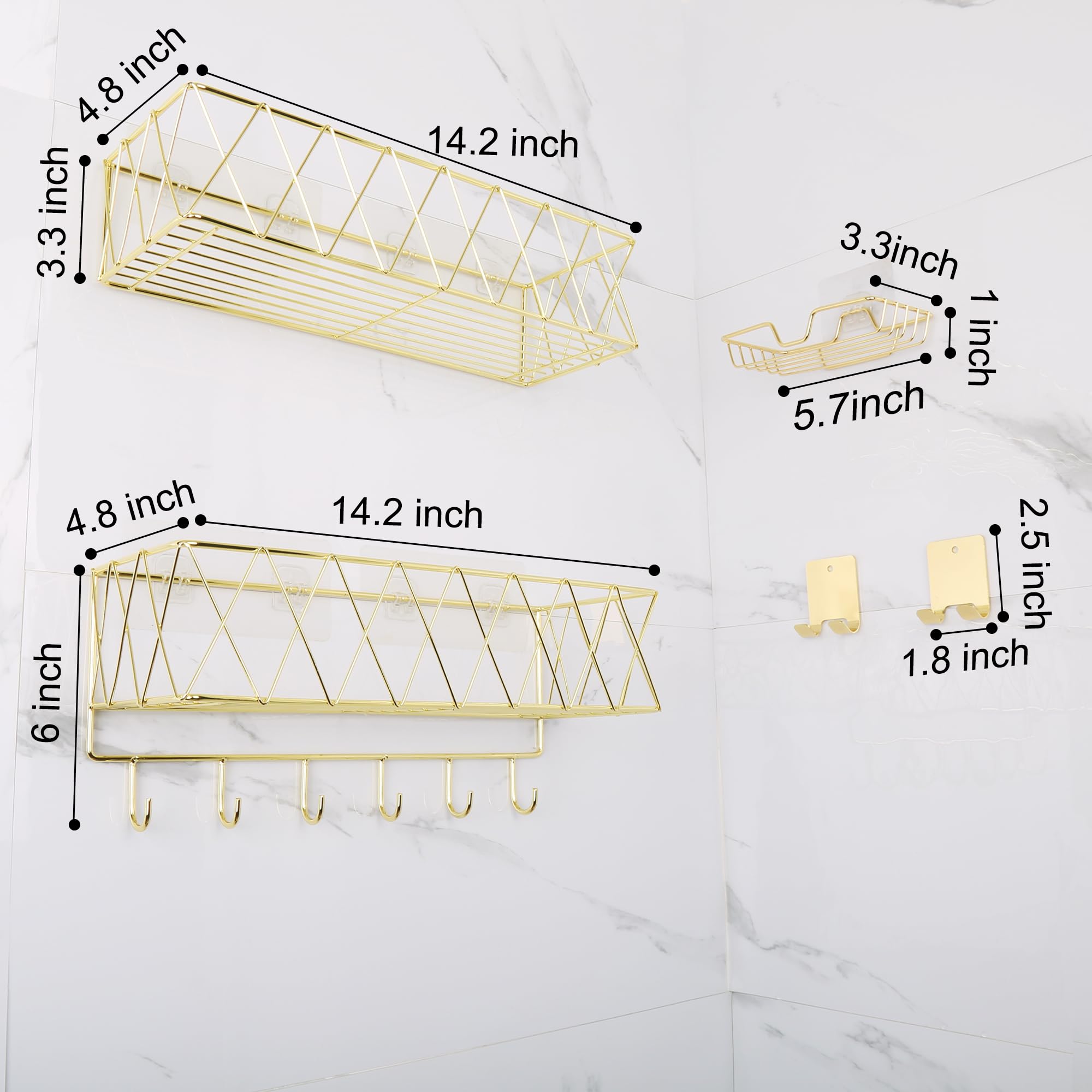GTSABWAY Adhesive Shower Caddy Basket Shelf, 5-Pack Bathroom Organizer, Kitchen Storage Rack, No Drilling Wall Mounted Rustproof Shower Shelf for Inside Shower