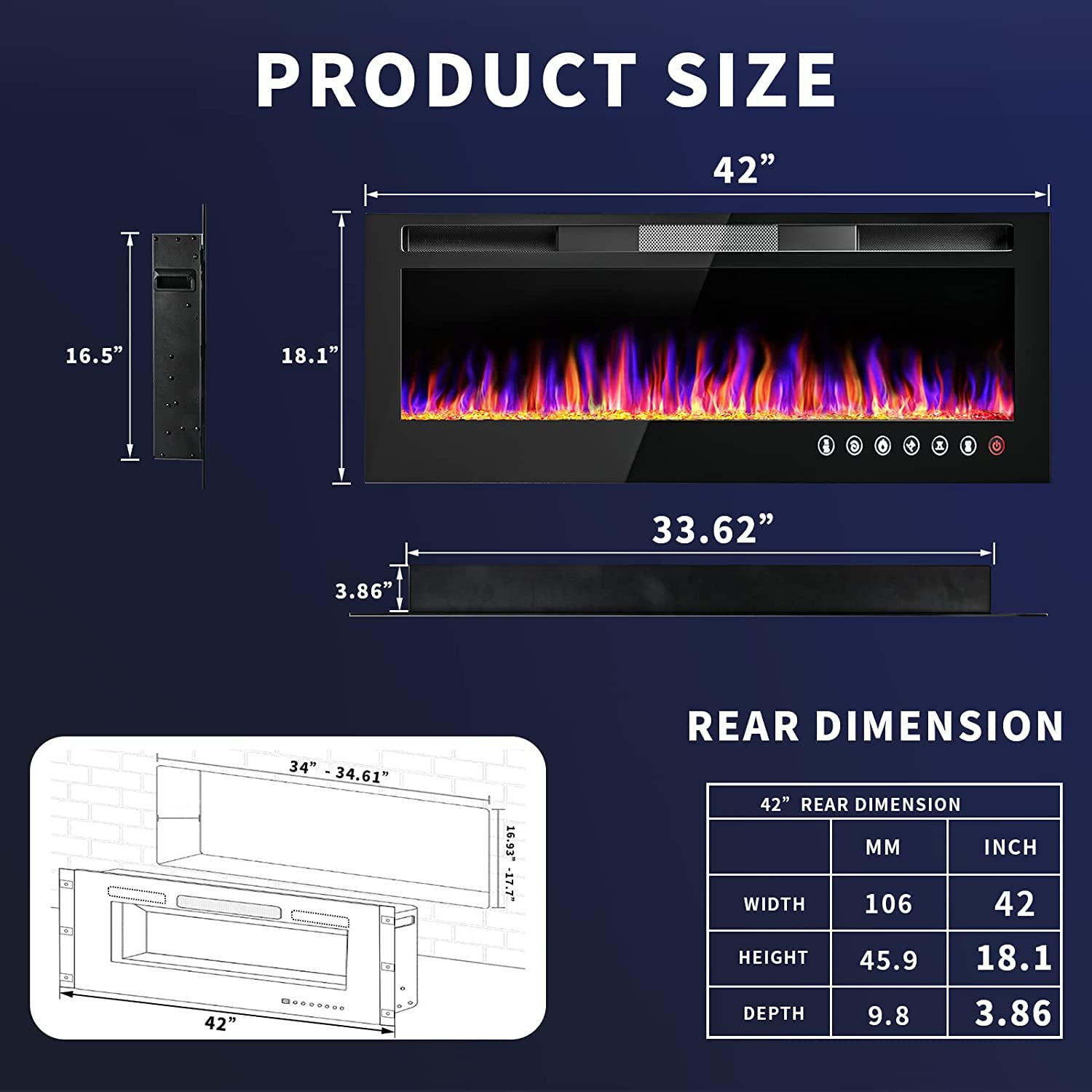 Frhlozdx 42 Inch Electric Fireplace in-Wall Recessed and Wall Mounted Fireplace,Linear Fireplace with Multicolor