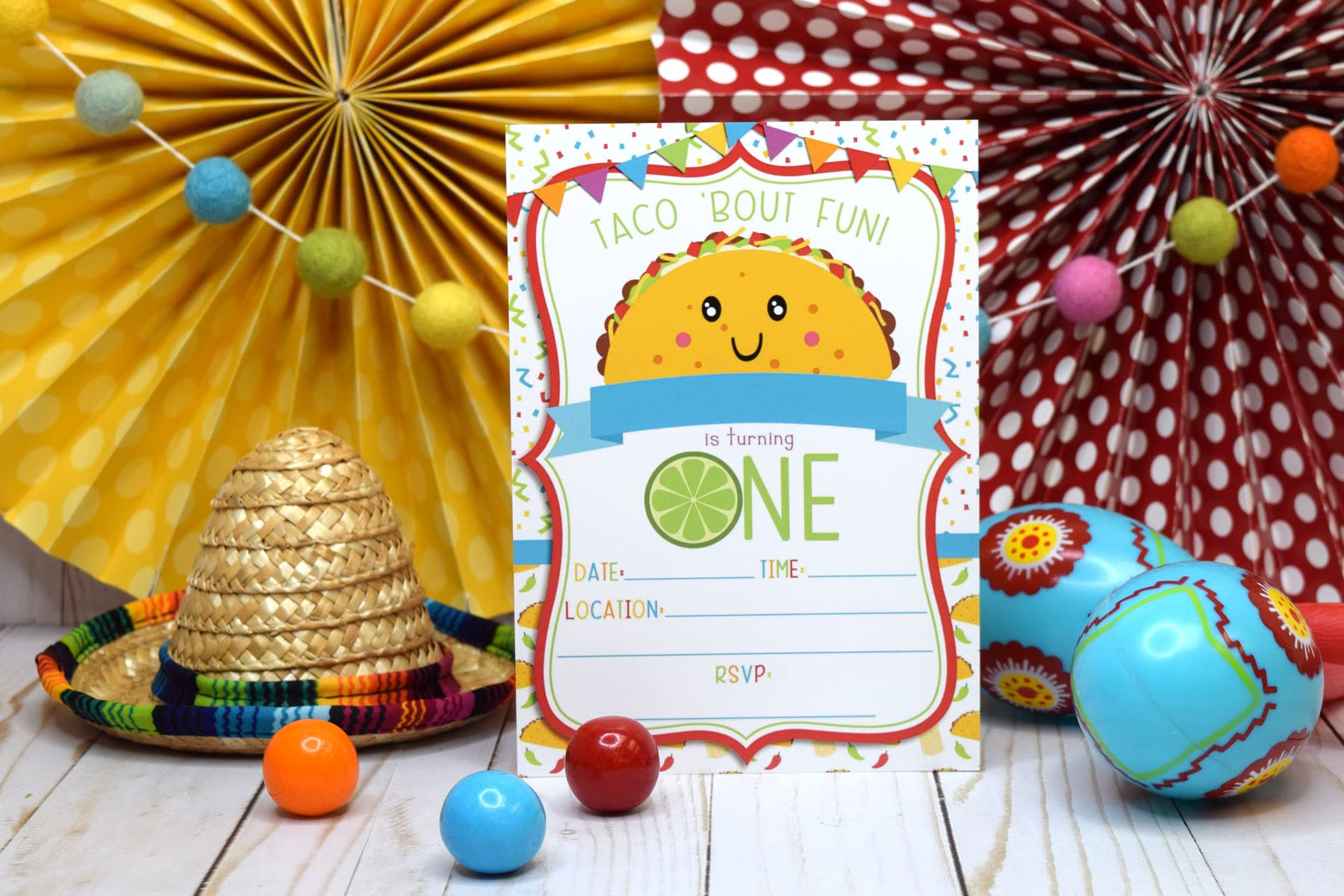 Taco 'Bout Fun Taco Themed First Birthday Fiesta Party Invitations, 20 5x7 Fill In Cards with Twenty White Envelopes by AmandaCreation