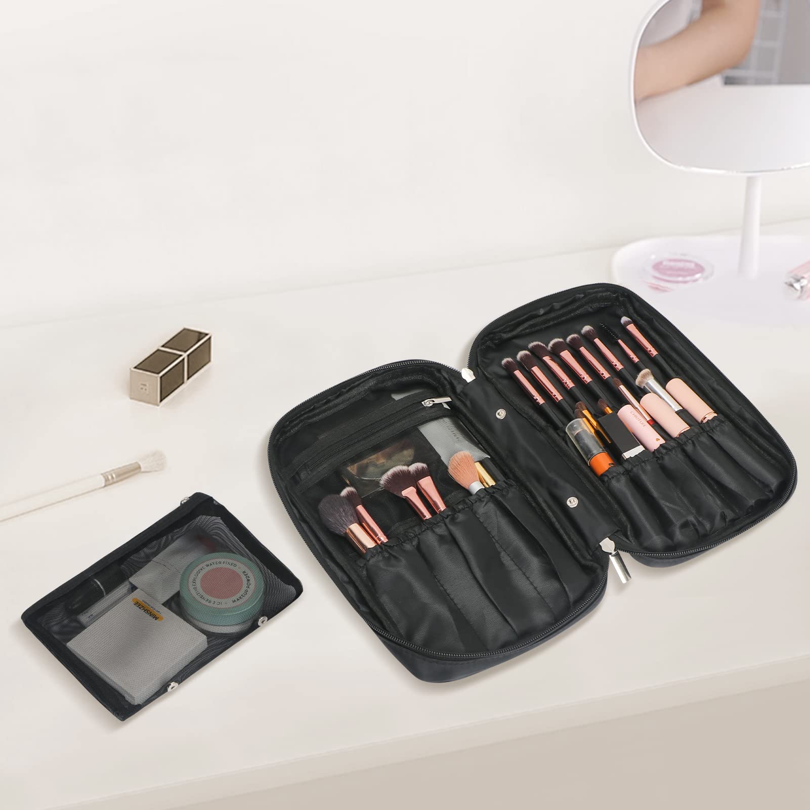 GoodSing Makeup Brush Bag, Portable Makeup Bag with Brush Organizer Large Capacity Travel Brush Storage Organizer Pouch with Small Mesh Cosmetic Bag, Black