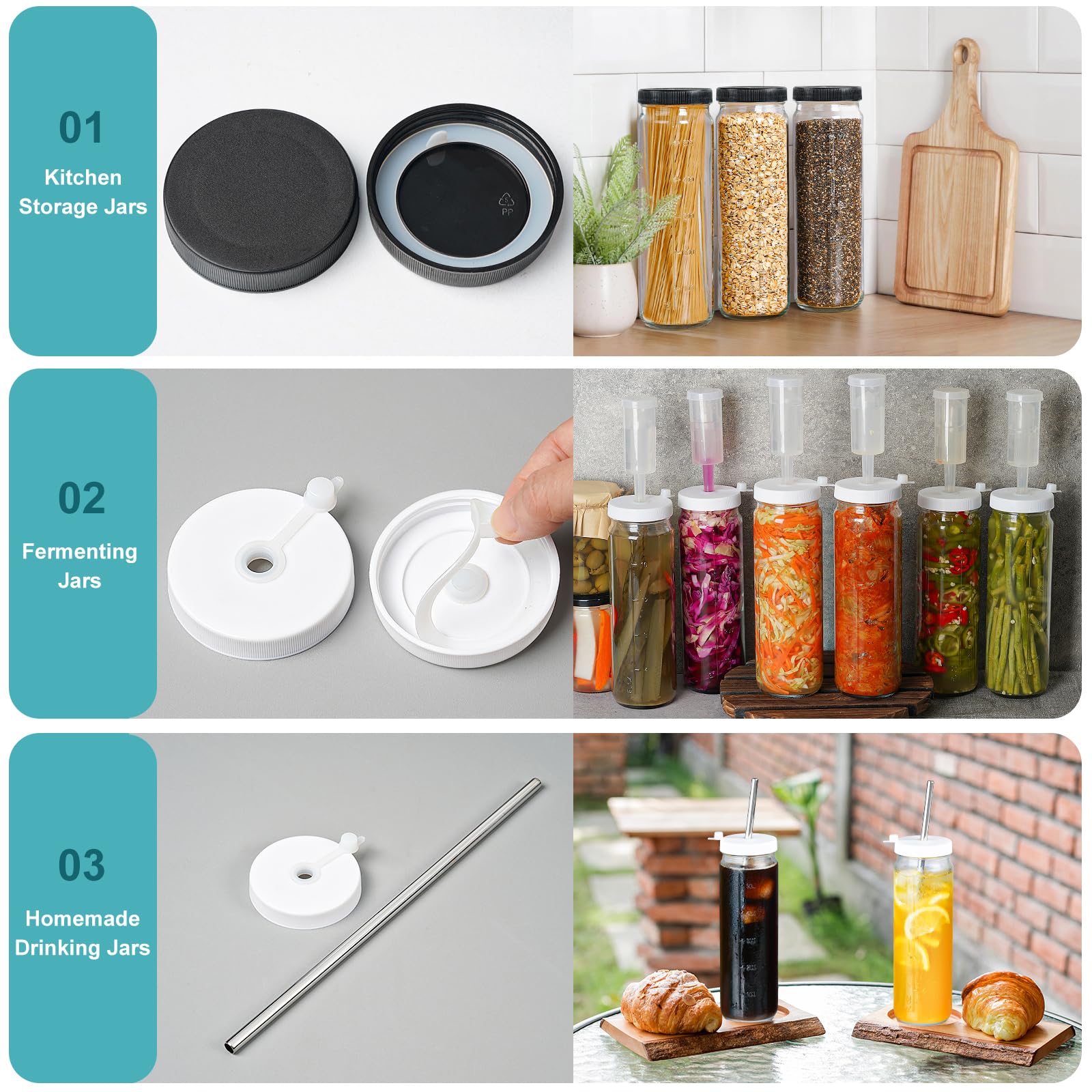 Ritayedet 8 Pack 20 Oz Glass Juicing Bottles w 8 BK SCREW Lids(100% Airtight Sturdy Lid w Silicone) & 4 WH SCREW Lids w Hole & 4 Straws - Drinking Jars, Travel Water Cups