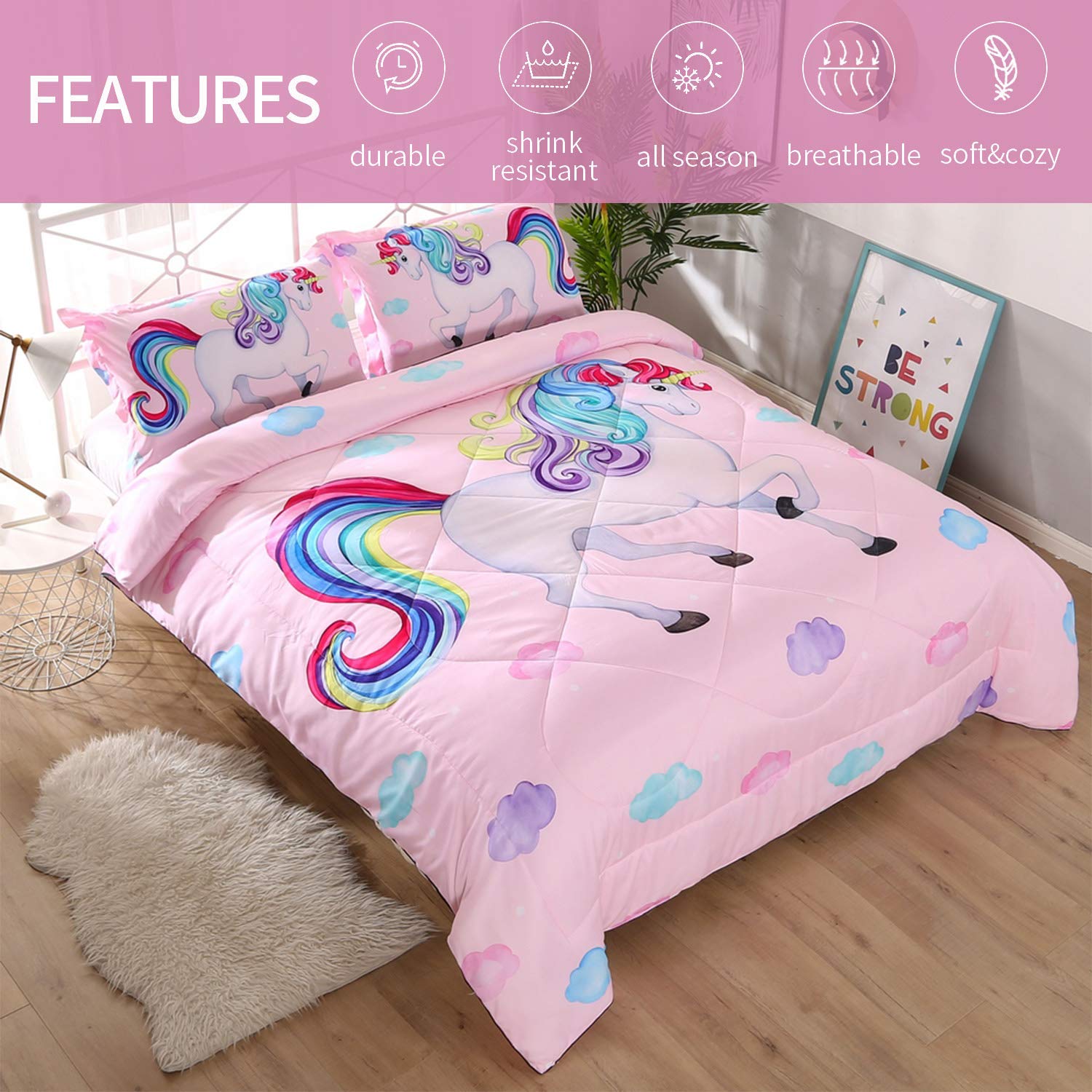 ENJOHOS Unicorn Bedding Full for Girls Lightweight Comforter Sets Rainbow Unicorn Bed Set, Pink (1Comforter&2Pillow Shams)