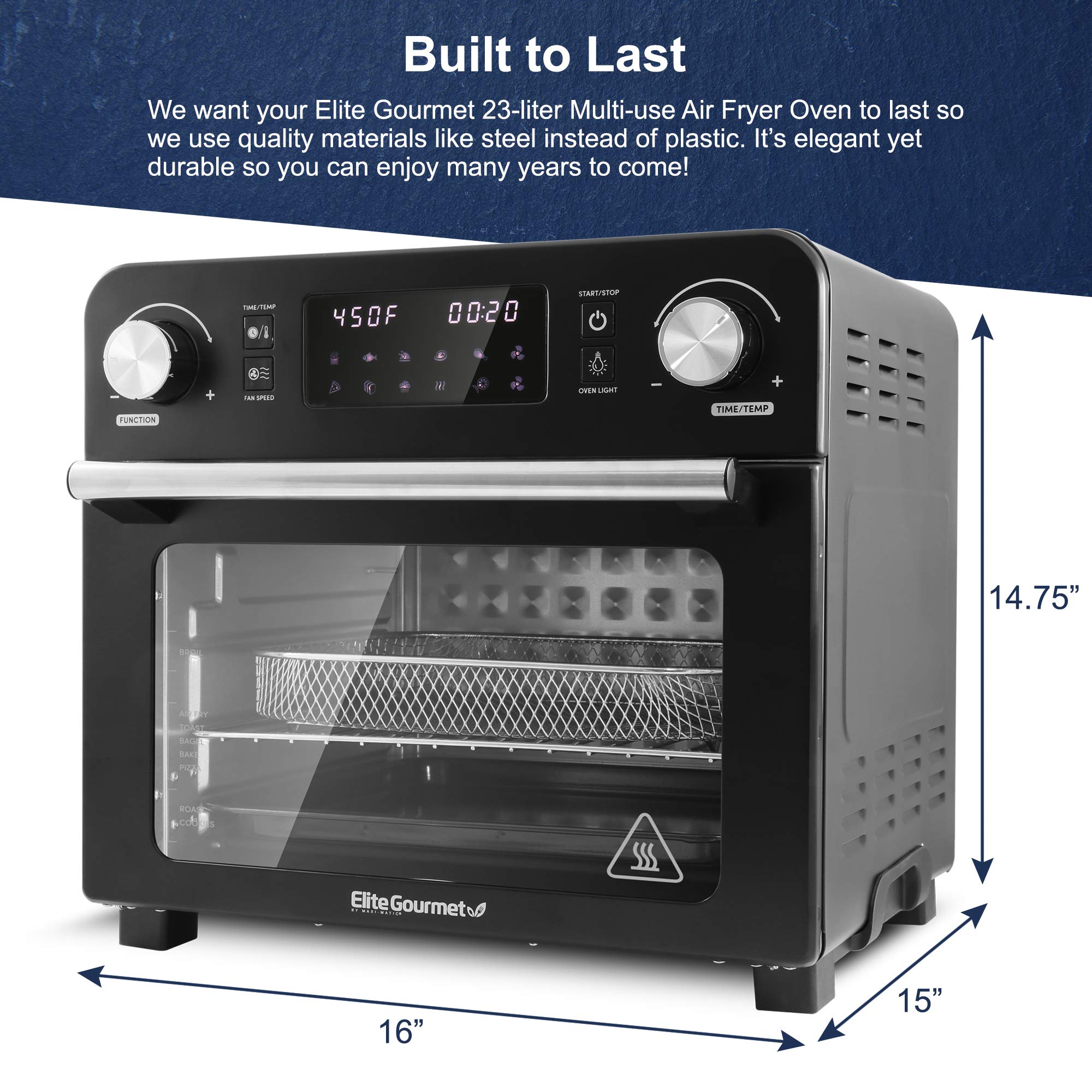 Elite Gourmet EAF9310 Digital Programmable Fryer Oven, Oil-Less Convection Oven Extra Large 24.5 Quart Capacity, fits 12" pizza, Grill, Bake, Roast, Air Fry, 1700-Watts, Black