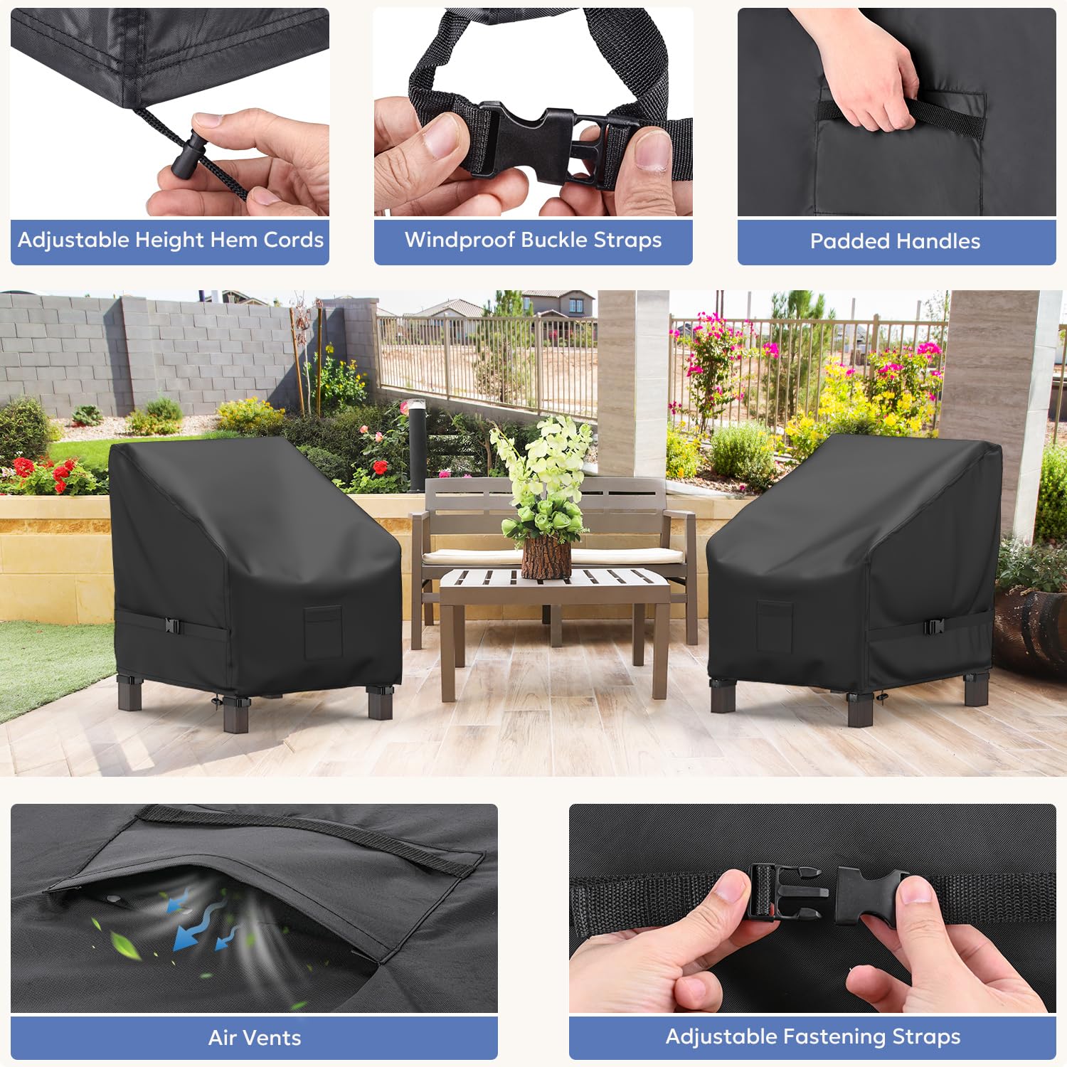 Outdoor Chair Covers For Patio Furniture Waterproof, Gorpche Patio Chairs Covers with Fastener Windproof Buckle Straps, Heavy Duty Lawn Outdoor Furniture Covers fits up to 29 x 30 x 36 inches(2 Pack)