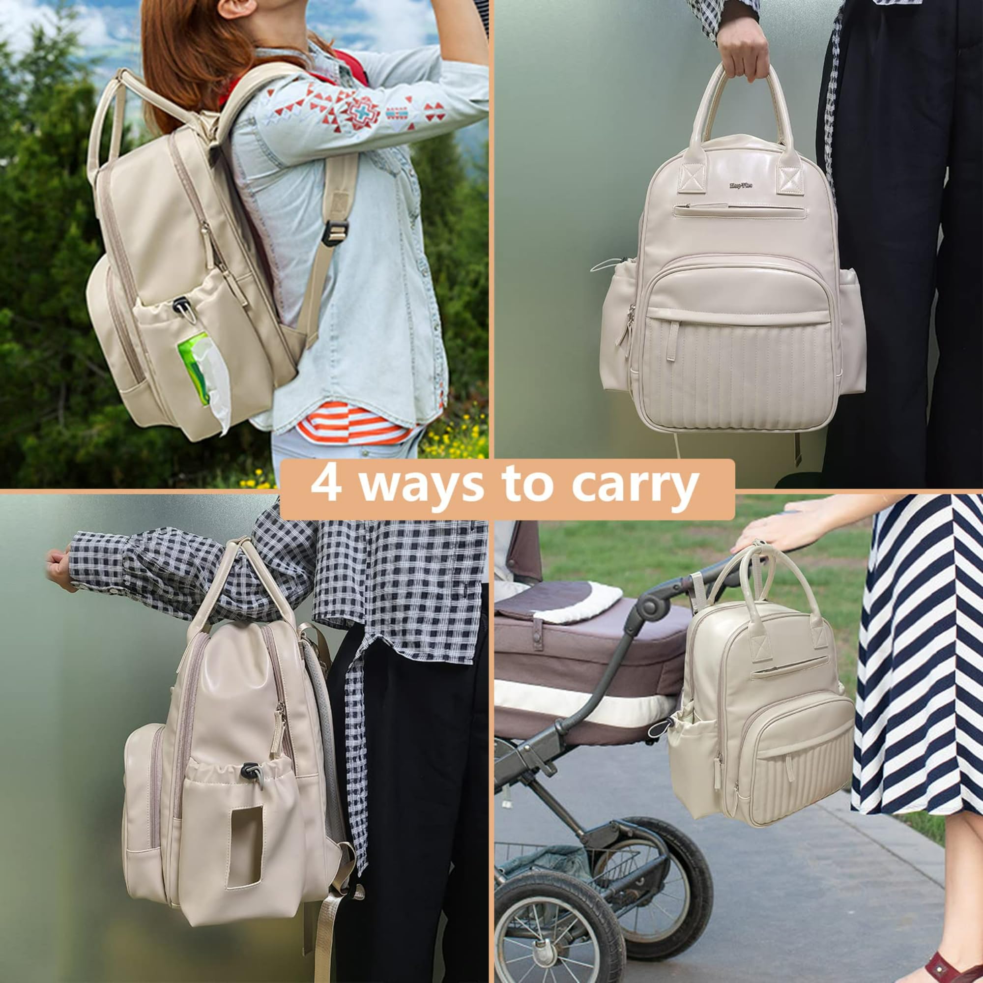 Hap Tim Diaper Bag Backpack, Leather Baby Diaper Bag with Changing Pad,19 Pockets, 2 Clear Makeup Bags, 2 Stroller Clips, Baby Registry Search, Cream White(K2252-CM)