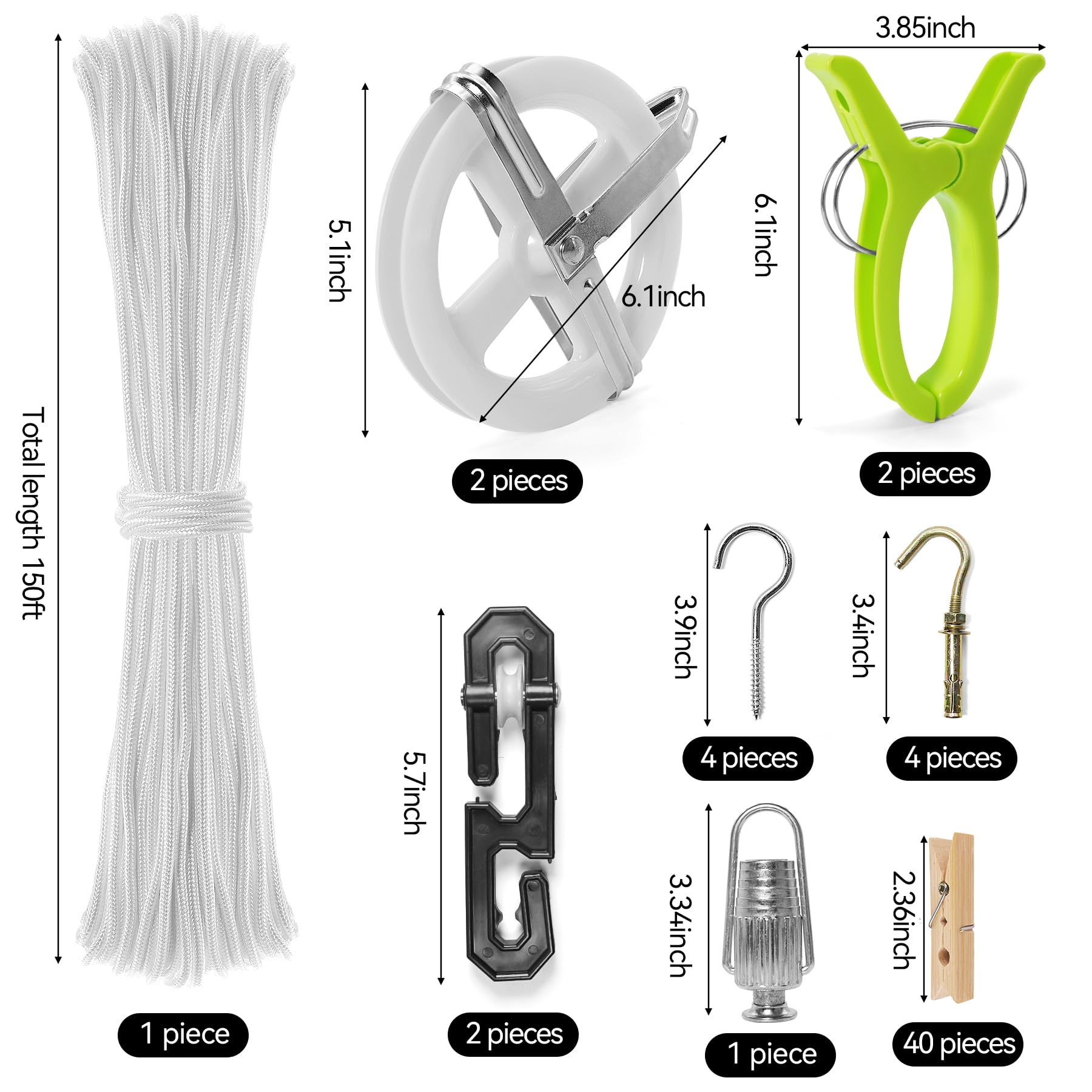 Outdoor Clothesline Kits,Include 150 Ft Nylon Clothes Line,Clothesline Pulley Clotheslines S Separator Spreader, Clothesline Tightener, Hook and Clothespins