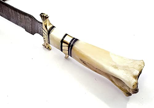 Hadi Enterprises-15" Handmade Damascus Hunting Knife with Leather Sheath - Ideal for Skinning, Camping, Outdoor -Fixed Blade Bushcraft Knife with Bone Handle-(BN-001)