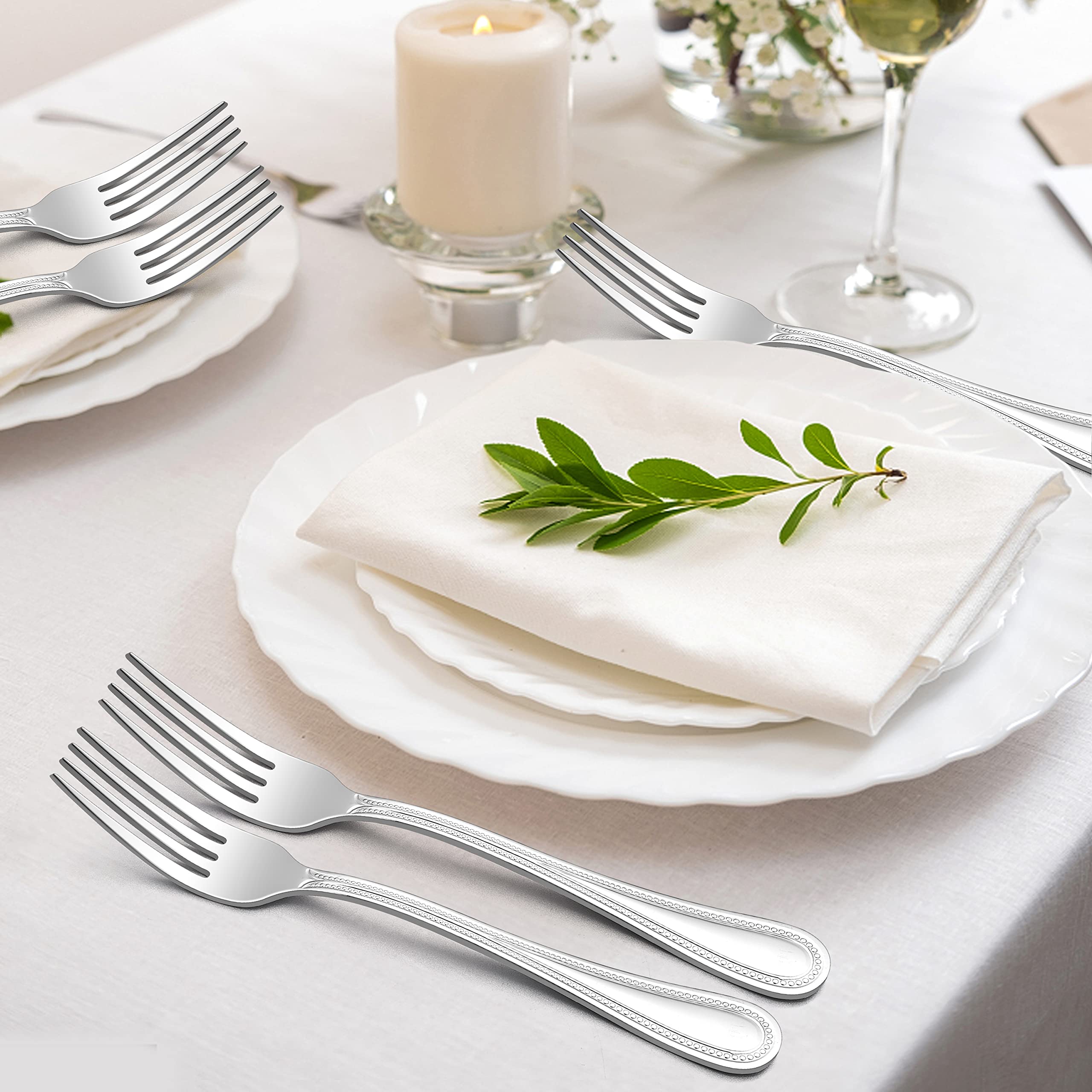 Forks Set of 12, E-far Stainless Steel Dinner Forks Silverware with Pearled Edge for Home/Kitchen/Restaurant, Mirror Polished & Dishwasher safe-7.9 Inches