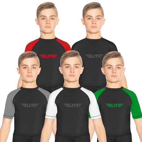 Elite Sports Rash Guards for Boys and Girls, Short Sleeve Compression BJJ Kids and Youth Rash Guard (Black, Large)