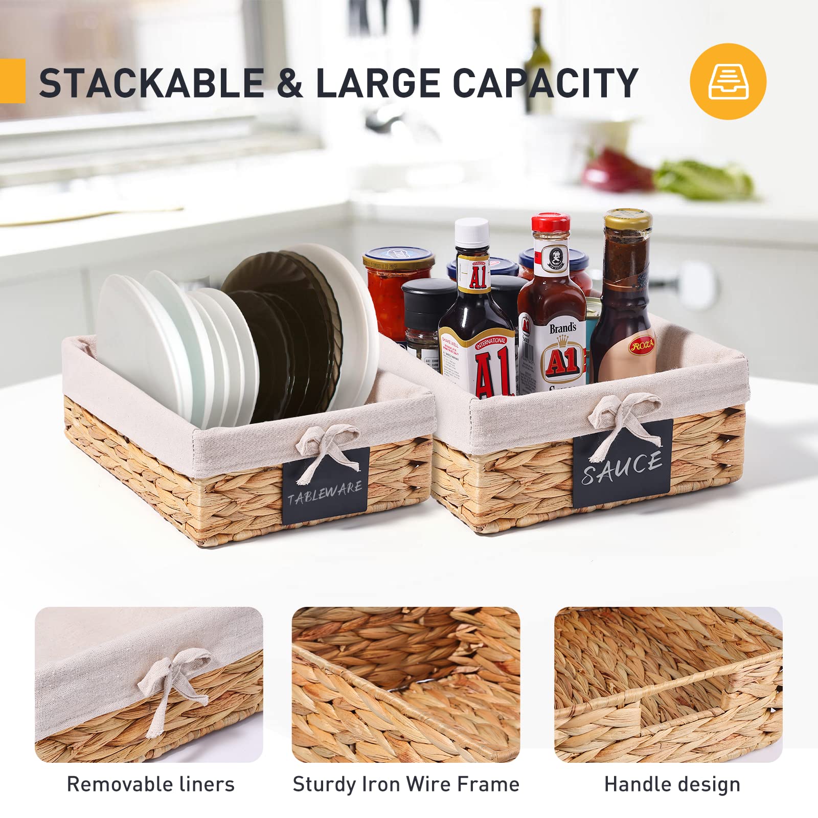 GUDE Water Hyacinth Storage Baskets, Set of 2 Handwoven Wicker Organizers Pantry Baskets Nesting with Handle, Chalkboard Labels & Chalk Marker,12 x 16 x 5 inches