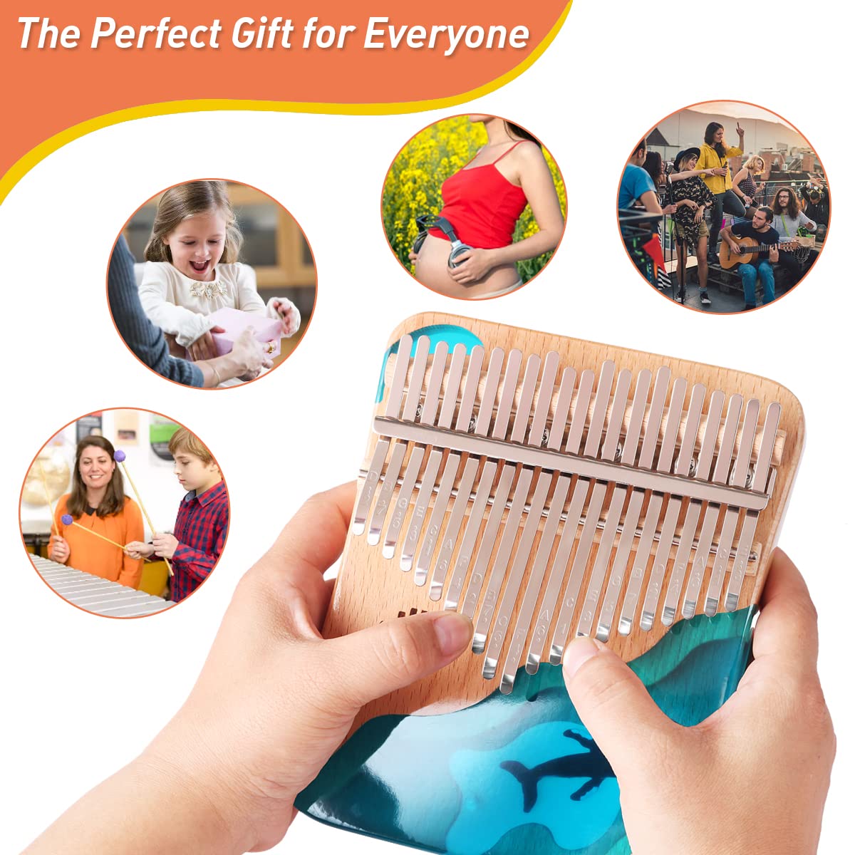 Genround Resin Kalimba Thumb Piano & Finger Instrument Set, 21 Keys & 8 Keys Piano with Beginner's Study Instruction, Portable Finger Piano Gift for Kids and Adults, Includes Tuning Hammer