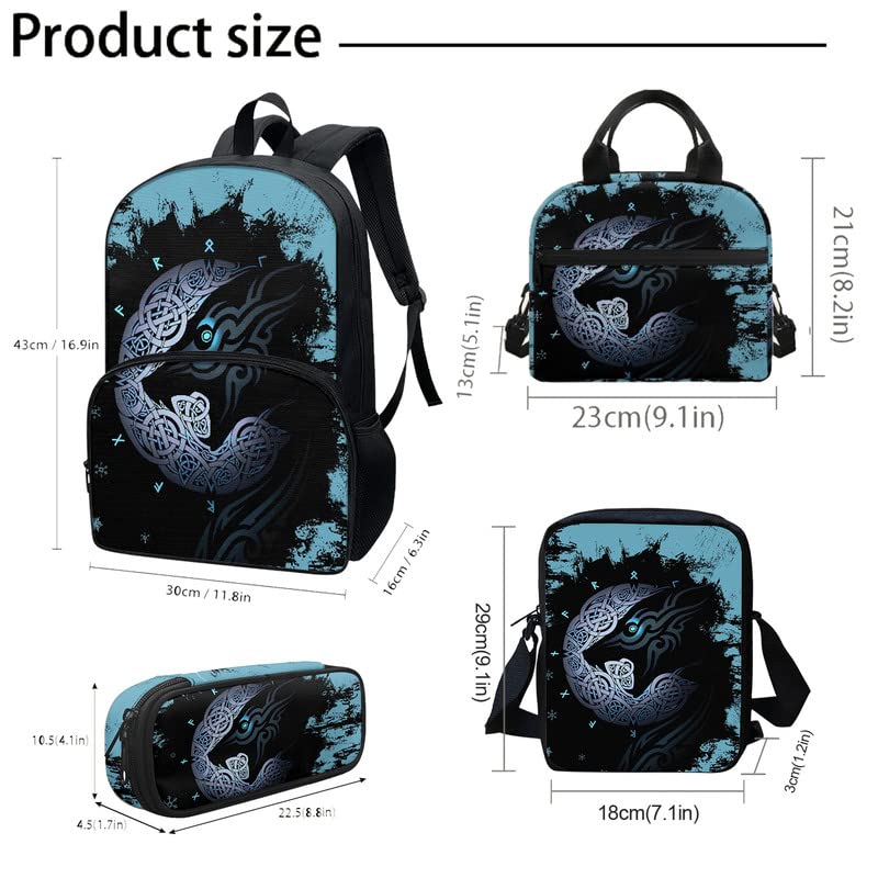 gearider Blue Viking Celtic Knot Wolf Backpack with Lunch Box Set anda Pencil Case Messager Bag Child Bookbag