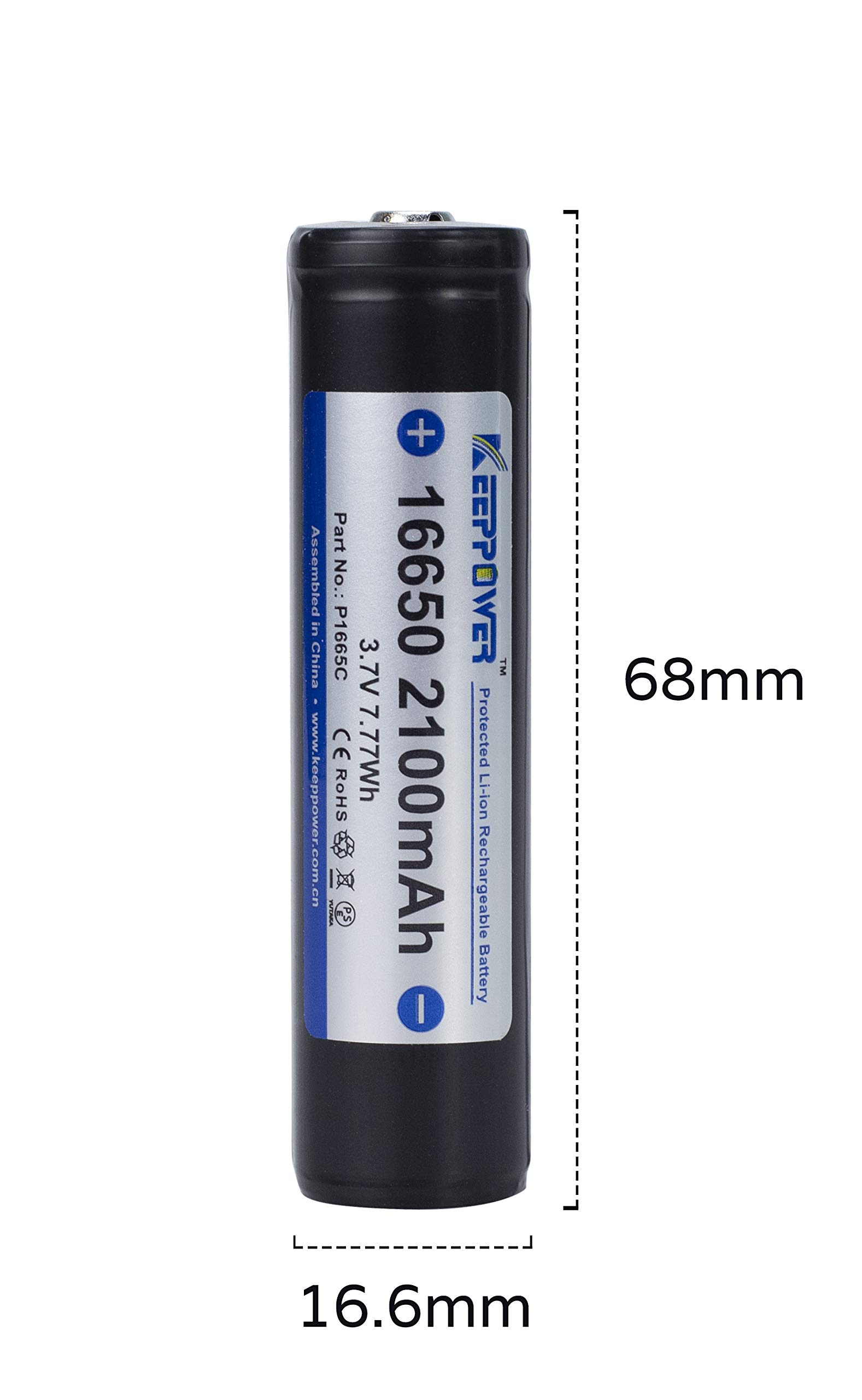 Keeppower Protected 16650 Rechargeable Li-ion Battery 2500mAh 3.7V P1665J (2 Pack)