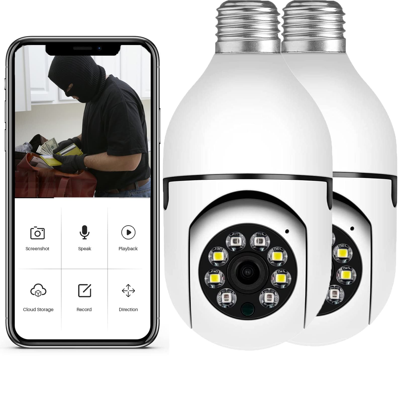 LARDERGO Indoor Camera, 2 Pack 1080p Outdoor Smart Home WiFi Video Camera 360 Degree Panoramic Connector E27 Light Bulb Night Vision Human Motion Detection and Alarm-White