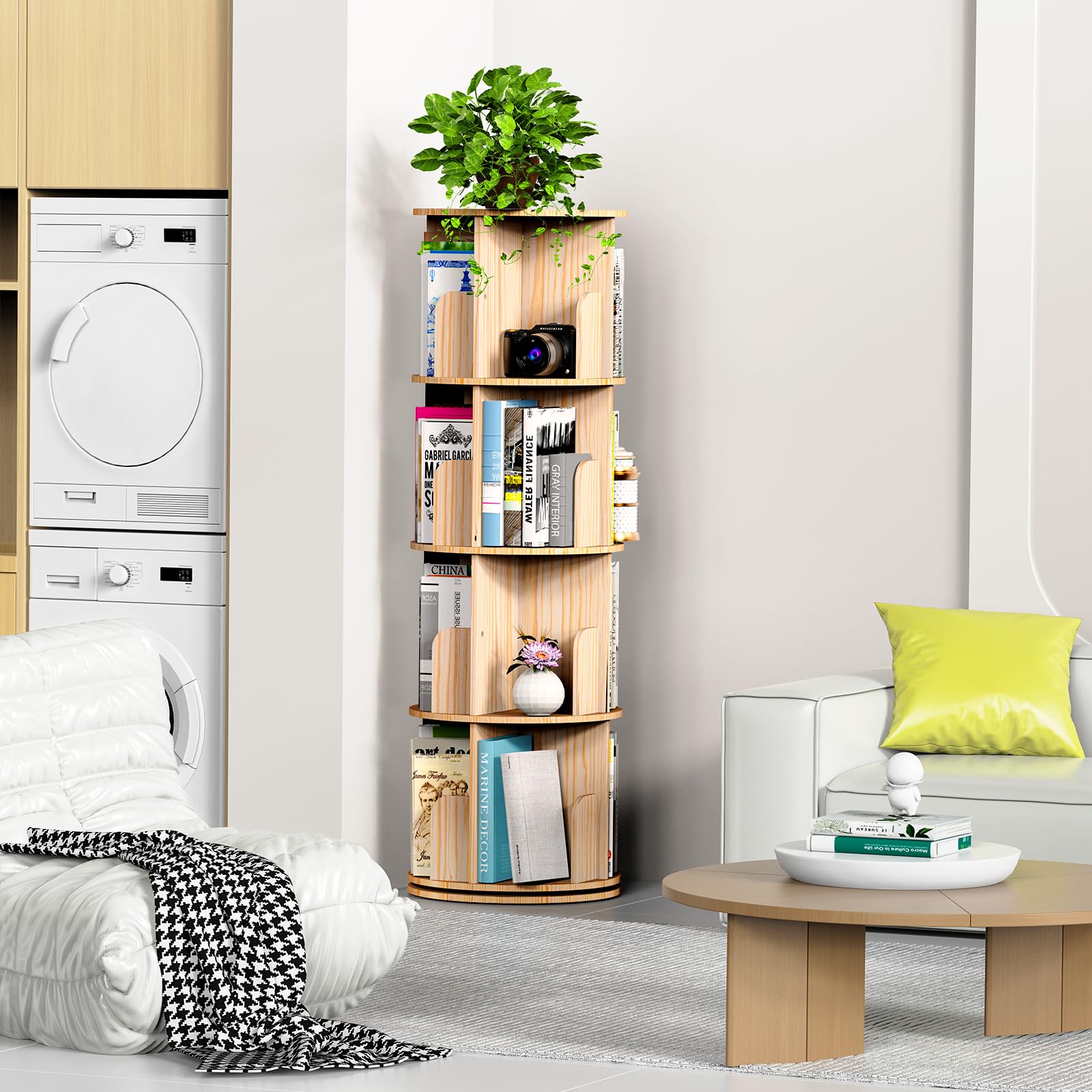 Moozerka Rotating Bookshelf, 4 Tier 360 Display Solid Wood Spinning Bookcase Storage Rack, Floor Standing Revolving Book Shelf Organizer for Adults&Kids