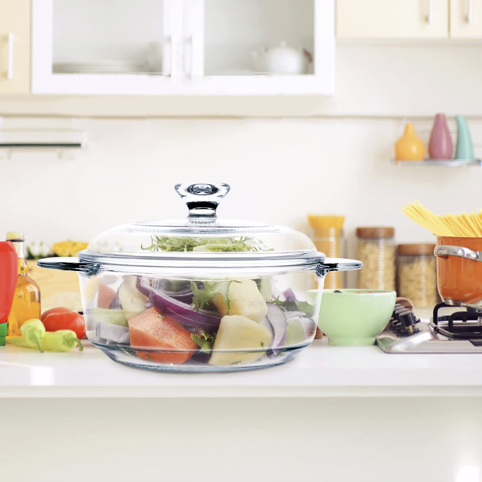 HUSANMP Clear Round Glass Casserole with Lid, Baking Dish with Glass Cover, Glass Casserole for Oven, Freezer and Dishwasher Safe (1-Quart Round)