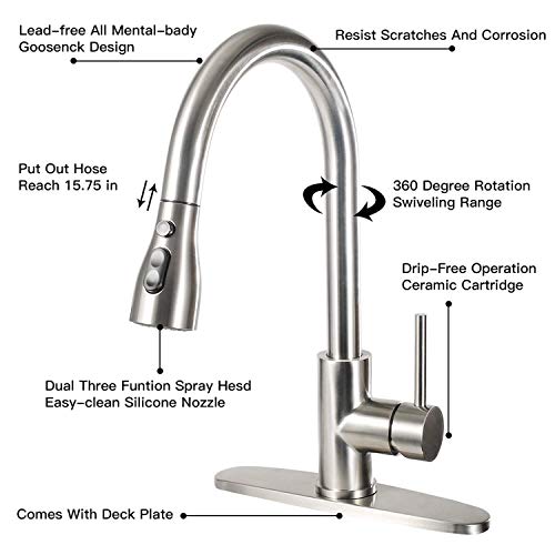 Kitchen Faucet with Pull Down Sprayer,Single Handle Kitchen Sink Faucet with Pull Out Sprayer,High Arc,Stainless Steel Kitchen Faucets with Deck Plate,Brushed Nickel KC-98001BS