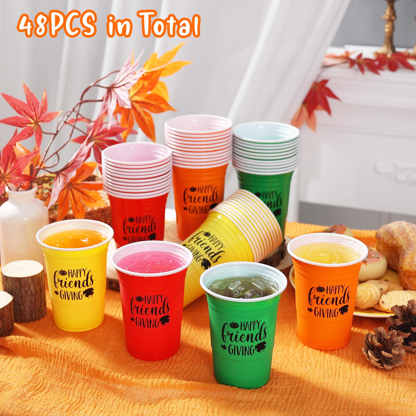 Nefelibata 48 Pack 15OZ Thanksgiving Party Plastic Cups Friendsgiving Disposable Tableware Friends Gathering Party Supplies Thanksgiving Dinner Wedding Birthday Favors Give Thanks Drinking Cups