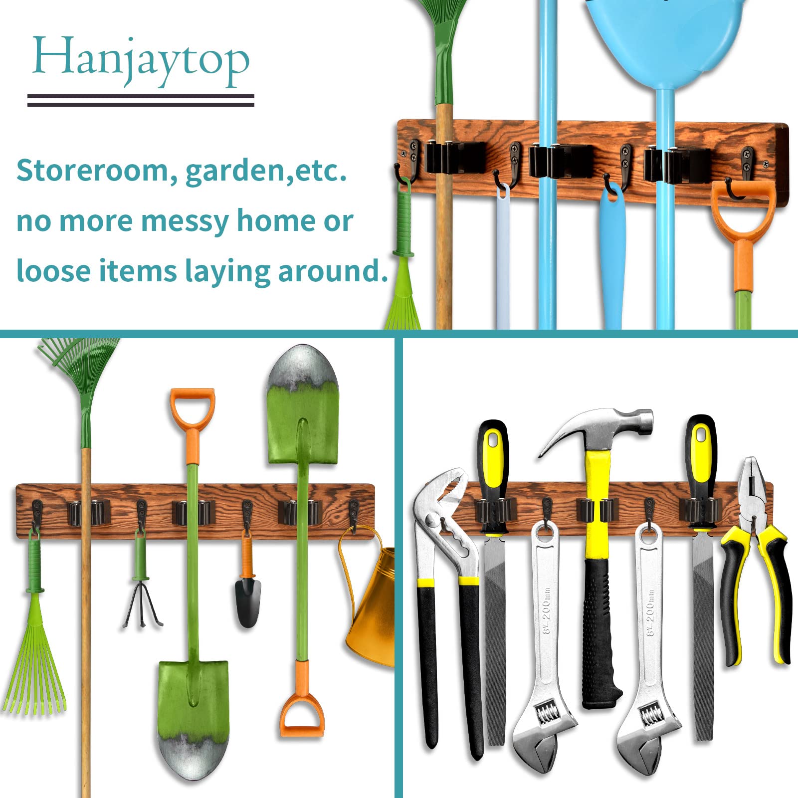 Mop and Broom Holder Wall Mount, Rustic Solid Wood Holder Garden and Kitchen Garage Tool Organizer Wall Hanger for Home Goods (3 Positions with 4 Hooks)