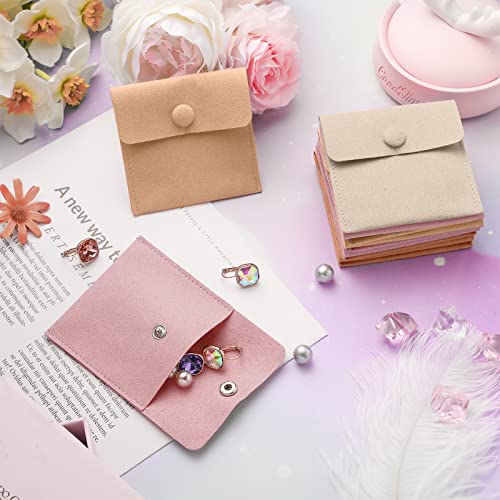 Microfiber Jewelry Pouch 8x8cm, Jewelry Packaging Bag Luxury Small Jewelry Gift Bags Package Snap Button with Divider Microfiber Bag for Bracelet Necklace Packaging (Pink, Beige, Khaki, Brown, 40 Pcs)