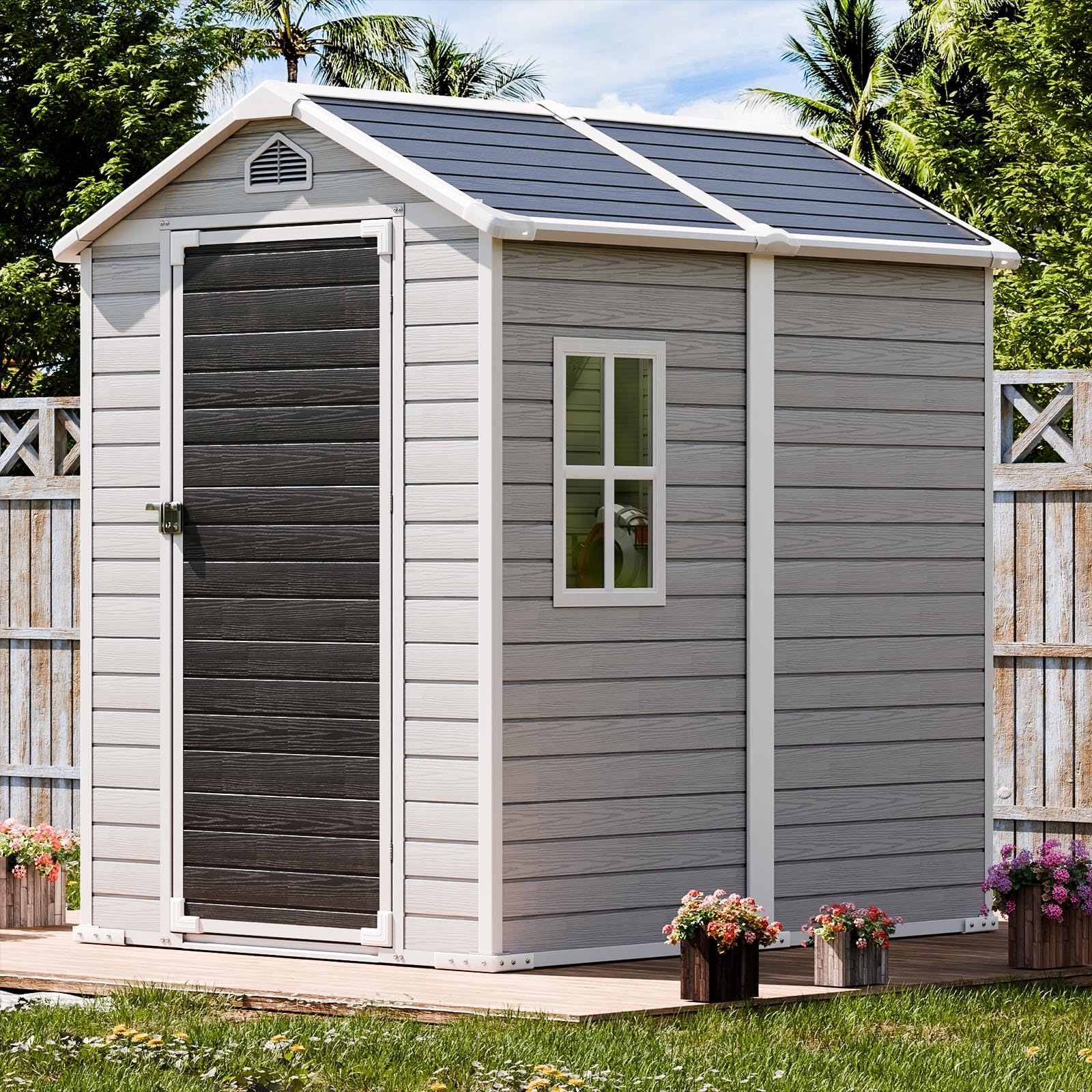 Outdoor Resin Storage Shed with Floor Window Lockable Door Included, 6x4 FT Plastic Sheds, Waterproof Outside Storage Sheds for Garden Backyard Patio Lawn Tools, Gray