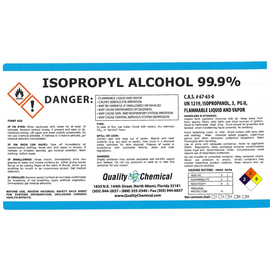 Quality Chemical - Super Premium - 99.9% Pure Isopropyl Alcohol (IPA) - Made in The USA - 1 Gallon - (4) 32 Fl Oz Bottles - Concentrated Isopropyl Alcohol