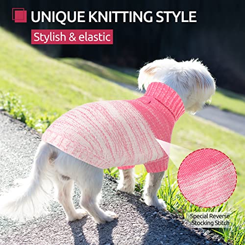 Queenmore Knitted Pullover Dog Sweater, Turtleneck Pet Cat Sweater, Cold Weather Puppy Clothes Stitching Knitwear with Leash Hole for Small Medium Dogs(Pink,L)