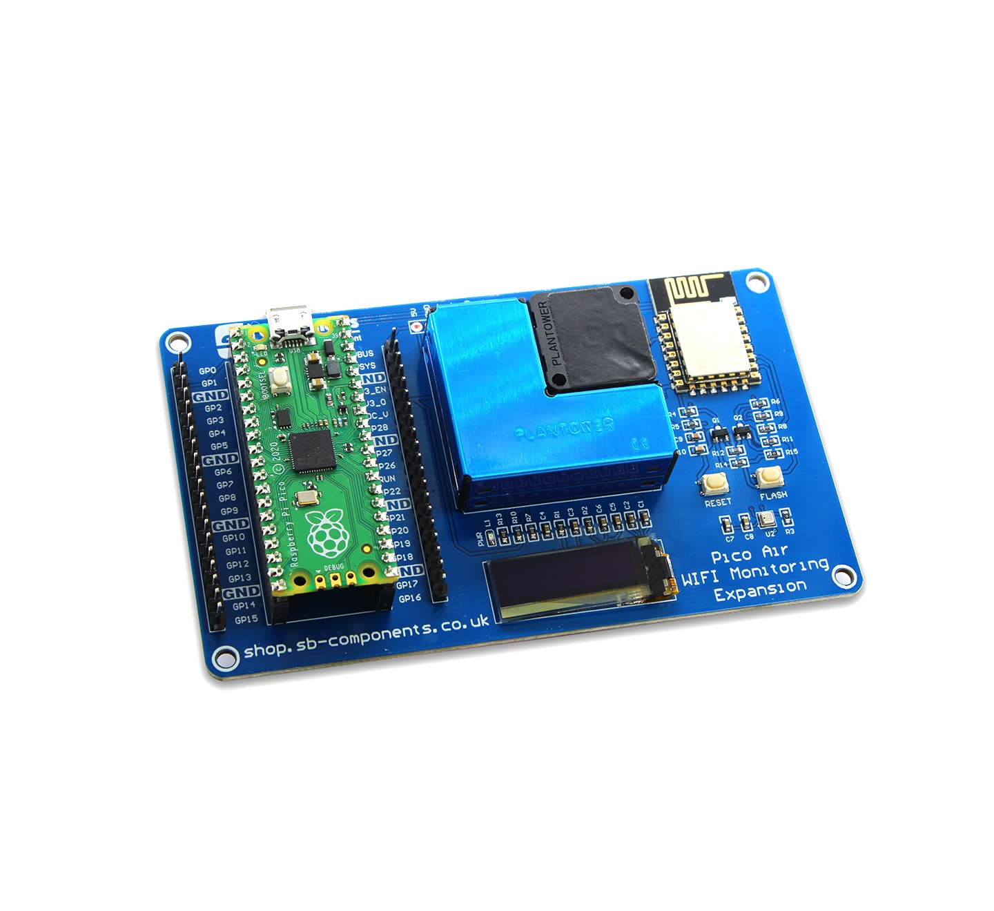 Raspberry Pi Pico Air WiFi Monitoring Expansion PMSA003 Sensor ESP8266 Module Air Monitor WiFi HAT for Raspberry Pi Pico with inbuilt 0.91" OLED Display