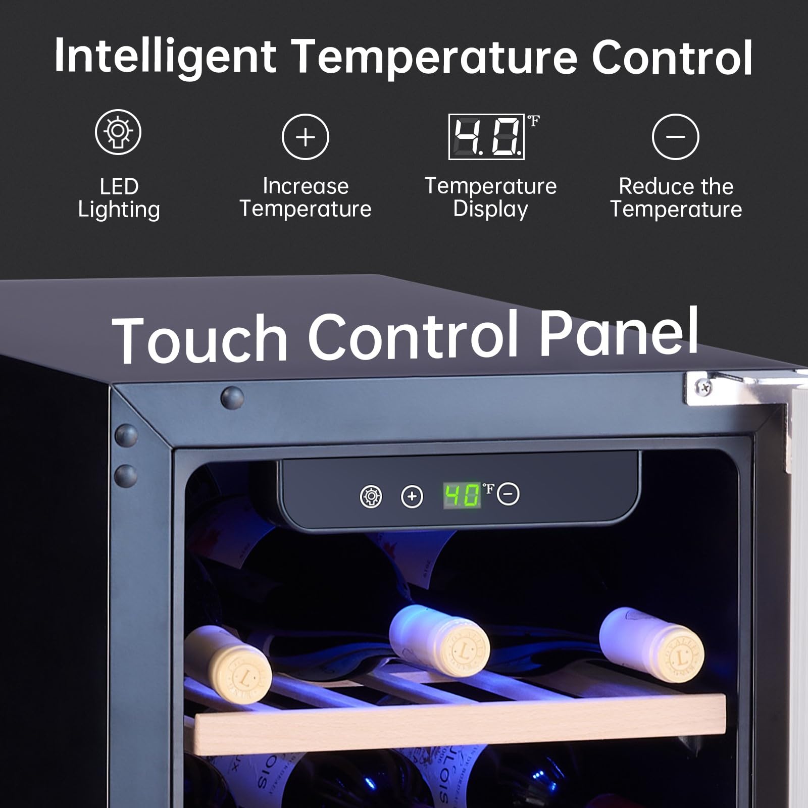 Takywep 30 Bottles Wine Fridge Under Counter, 15 Inch Wine Cooler with 40~60°F Digital Temperature Control, Safety Lock, All Wood Removable Shelves, Stainless Steel+Glass Door, Built-In Wine Cellars