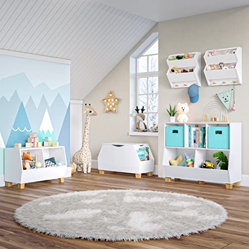 RiverRidge Kids Catch-All Collection Toy Box with Side Book Shelves Child-Safe Toy Storage Organizer With Childrens Bookshelf Side Slots For Kids Game And Book Storage - White