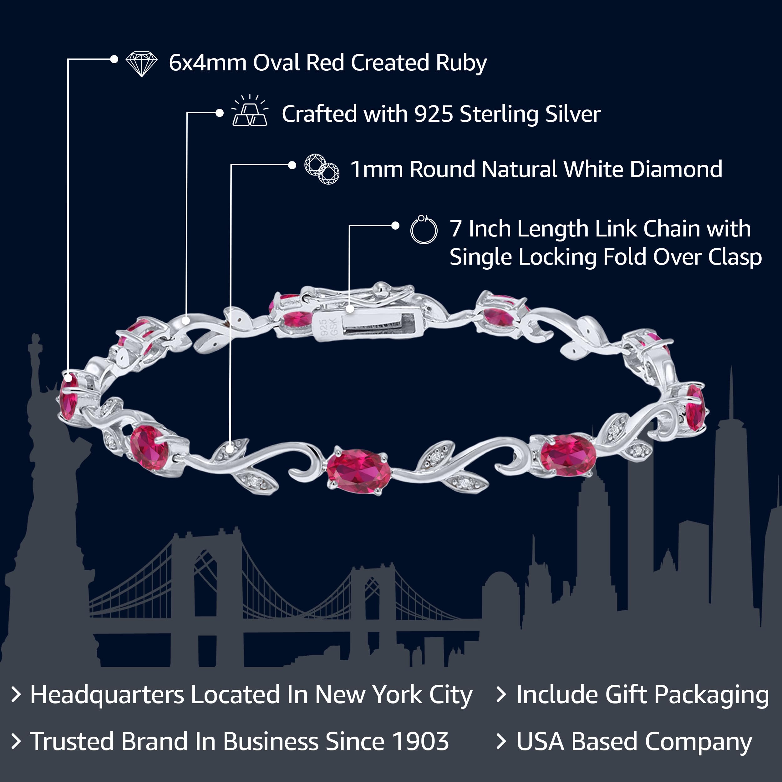Gem Stone King 925 Sterling Silver Red Created Ruby and White Diamond Greek Vine Tennis Bracelet For Women (4.63 Cttw, Oval 6X4MM, 7 Inch)