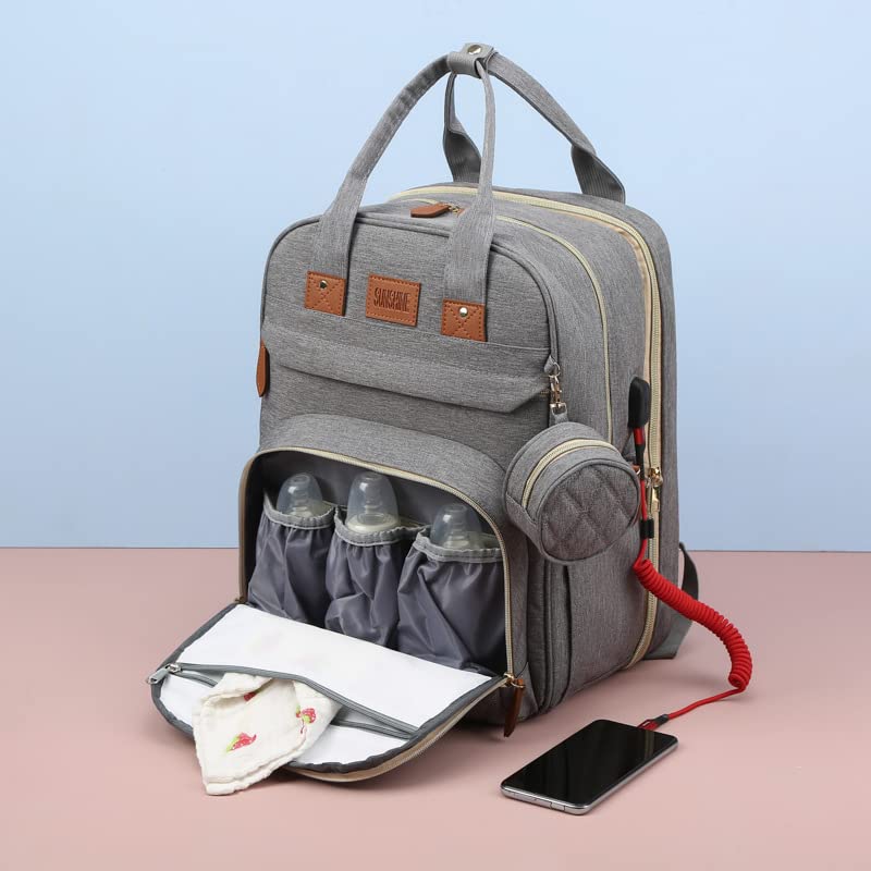 Large Diaper Bag Backpack for Mom. Multifunction Durable & Waterproof Nappy Changing Travel Kit. Foldable Bassinet with Changing Pad and Mosquito Net. Stylish and Compact. Large Capacity.