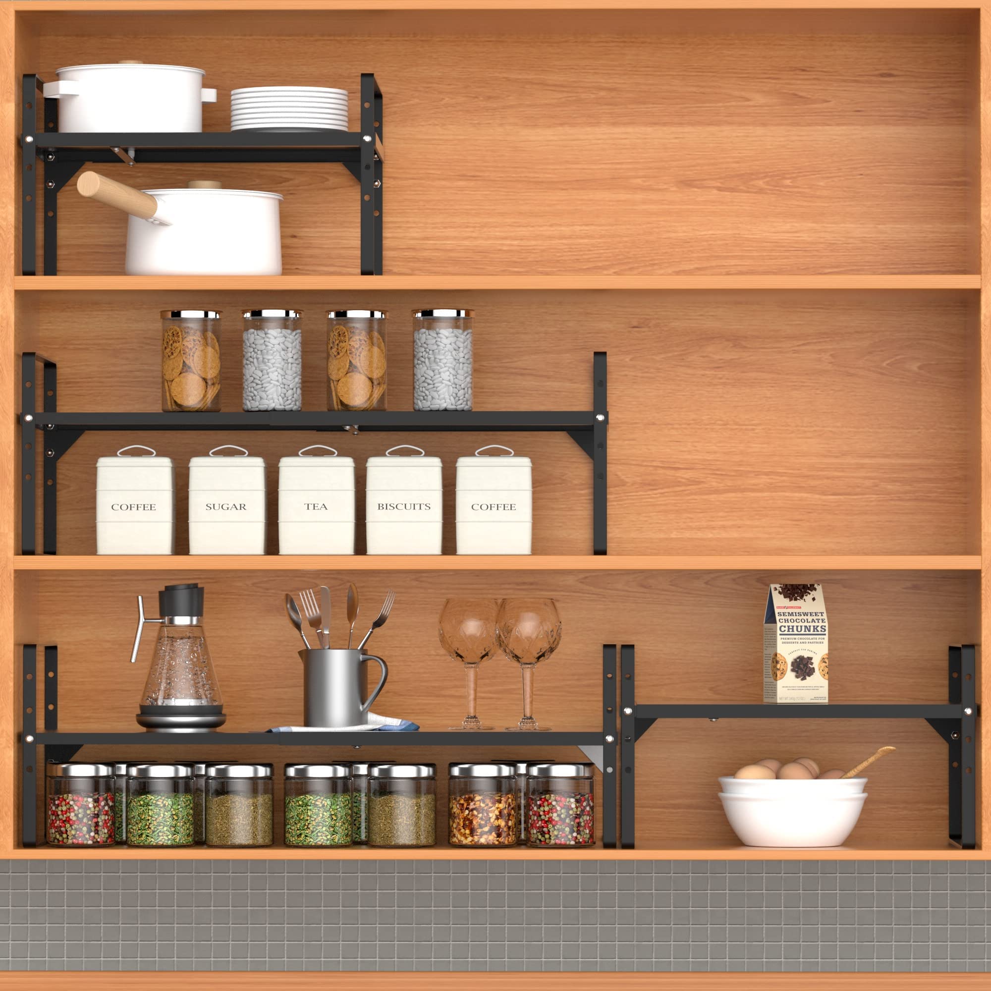 GEDLIRE Expandable Kitchen Cabinet Shelf Organizers 4 Pack, Stackable Metal Pantry Storage Shelves Rack, Adjustable Counter Shelf for Cabinets, Countertop, Cupboard Organizers and Storage, Black