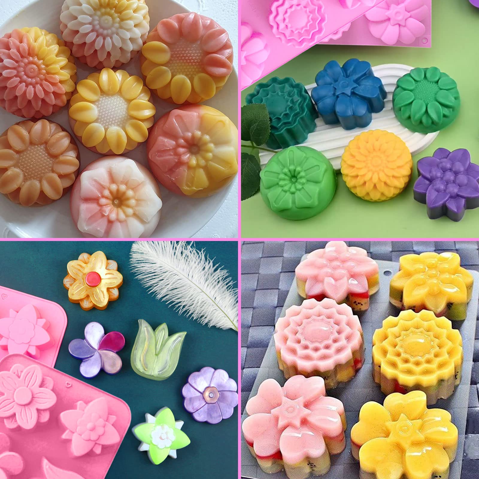 Silicone Soap Molds, Different Cavities Soap Mold with Different Shapes, Perfect for Soap Making, Handmade Cake Chocolate Desserts Biscuit Pudding Teacake Jelly (3 Pack - Flower)