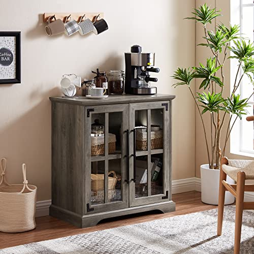 Okvnbjk Buffet Cabinet, 32 Inch Sideboard Coffee Bar Cabinet with Adjustable Shelves for Kitchen Small Accent Storage Cabinet(Grey Wash)