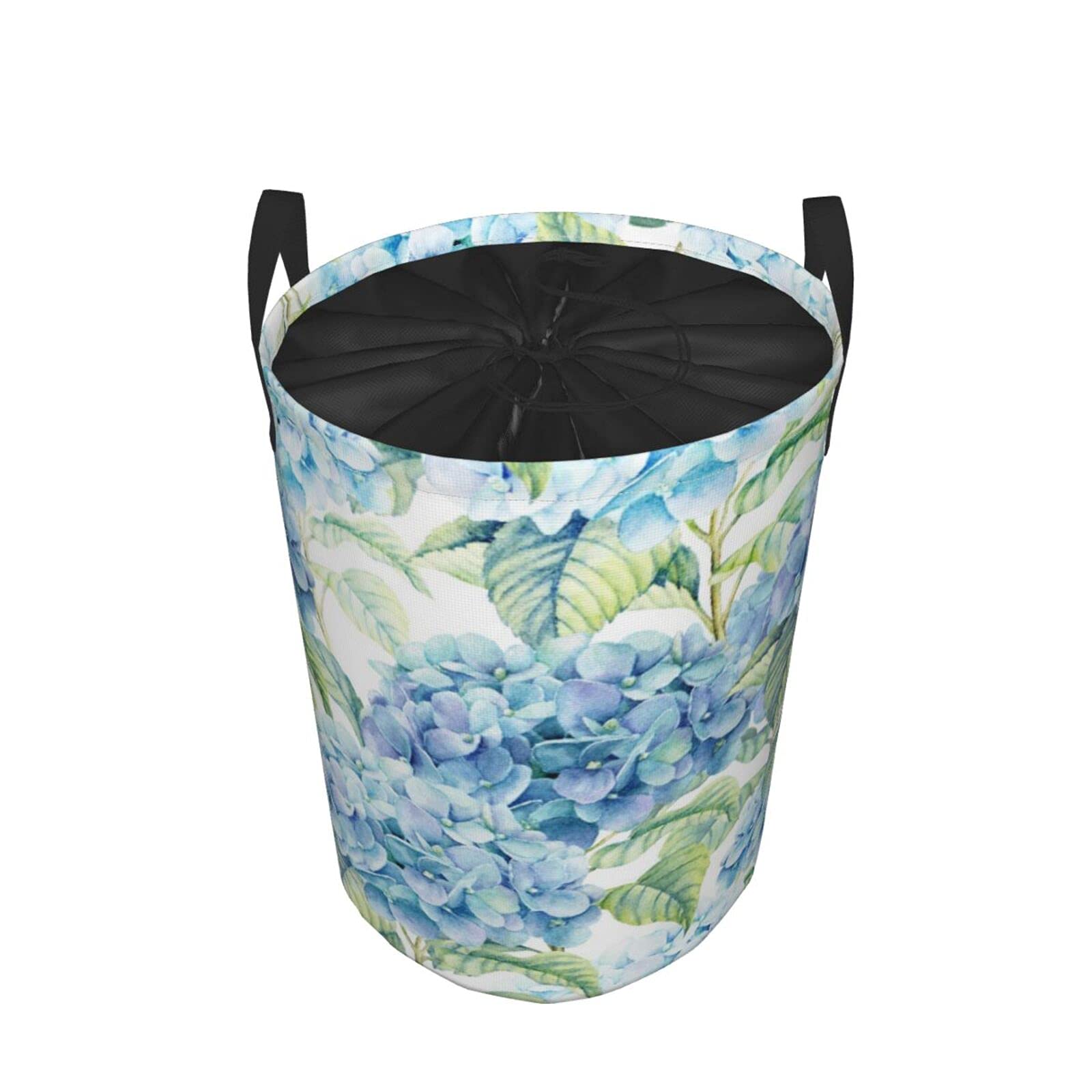 Large Folding Laundry Basket Hydrangea Blue Flowers Round Collapsible Laundry Storage Hamper Drawstring Waterproof Oxford Laundry Storage Basket Dirty Clothes Bag 16.5x21.5inch