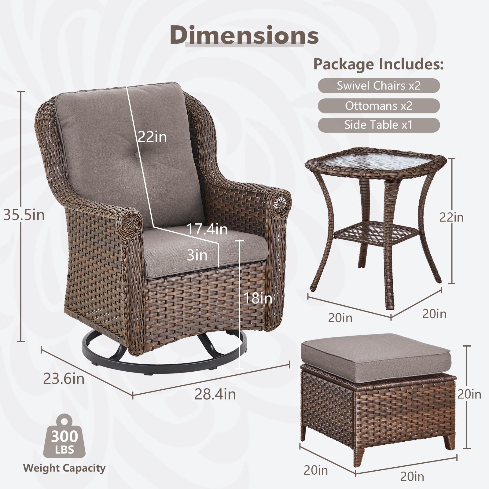 Outdoor Wicker Furniture Set for Patio - 5 Piece Outside Rattan Conversation Bistro Dining Chair Sets with Rocking Swivel Chairs, Ottomans and Side Table for Porch Yard Balcony β Brown/Grey