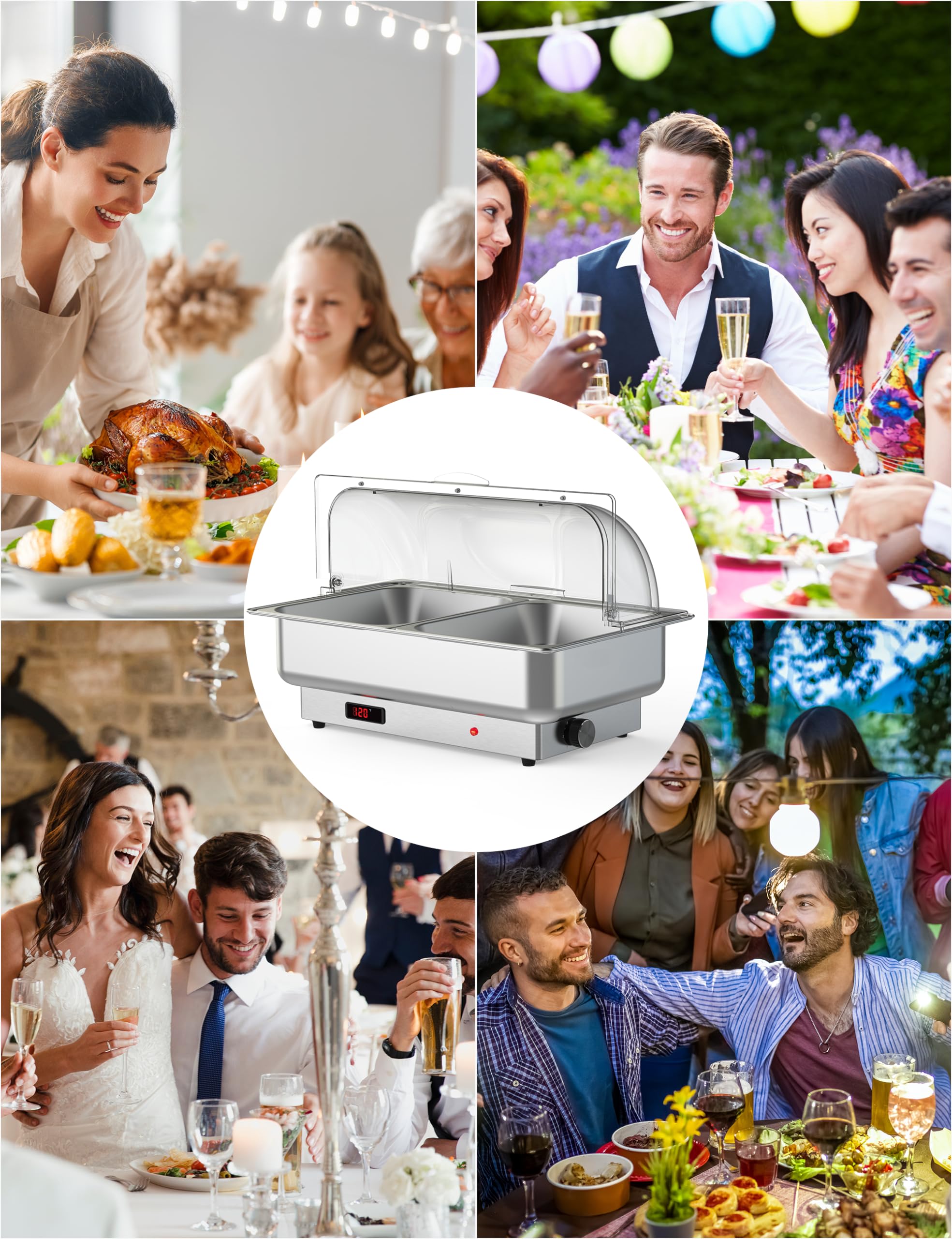 Takywep Rectangular Chafing Dish Electric Buffet Set with Temperature Control, 2 x 4.5QT Half-Size Stainless Steel Food Servers and Warmers with Transparent Lid for Catering Wedding and Parties