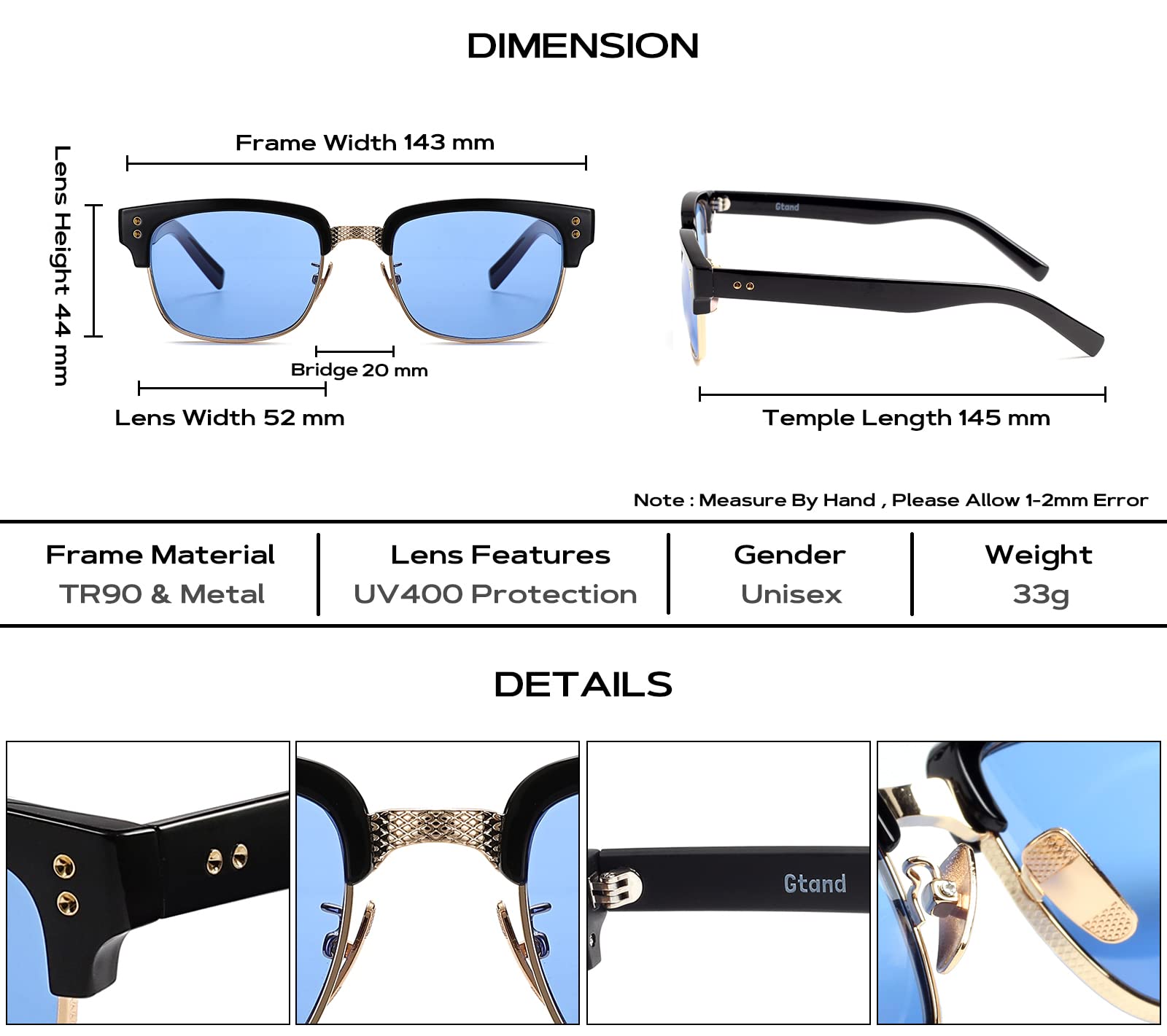Gtand Vintage Retro Rectangle TR90 Frame Sunglasses For Men Women Fashion Semi-Rimless Metal Sun Glasses Eyewear