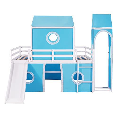 RORIGAT Castle Full Size Bunk Bed,Solid Wood Low Loft Bed Frame with Windows Slide, Tent and Tower,Bunk Bed for Kids Bedroom,Blue