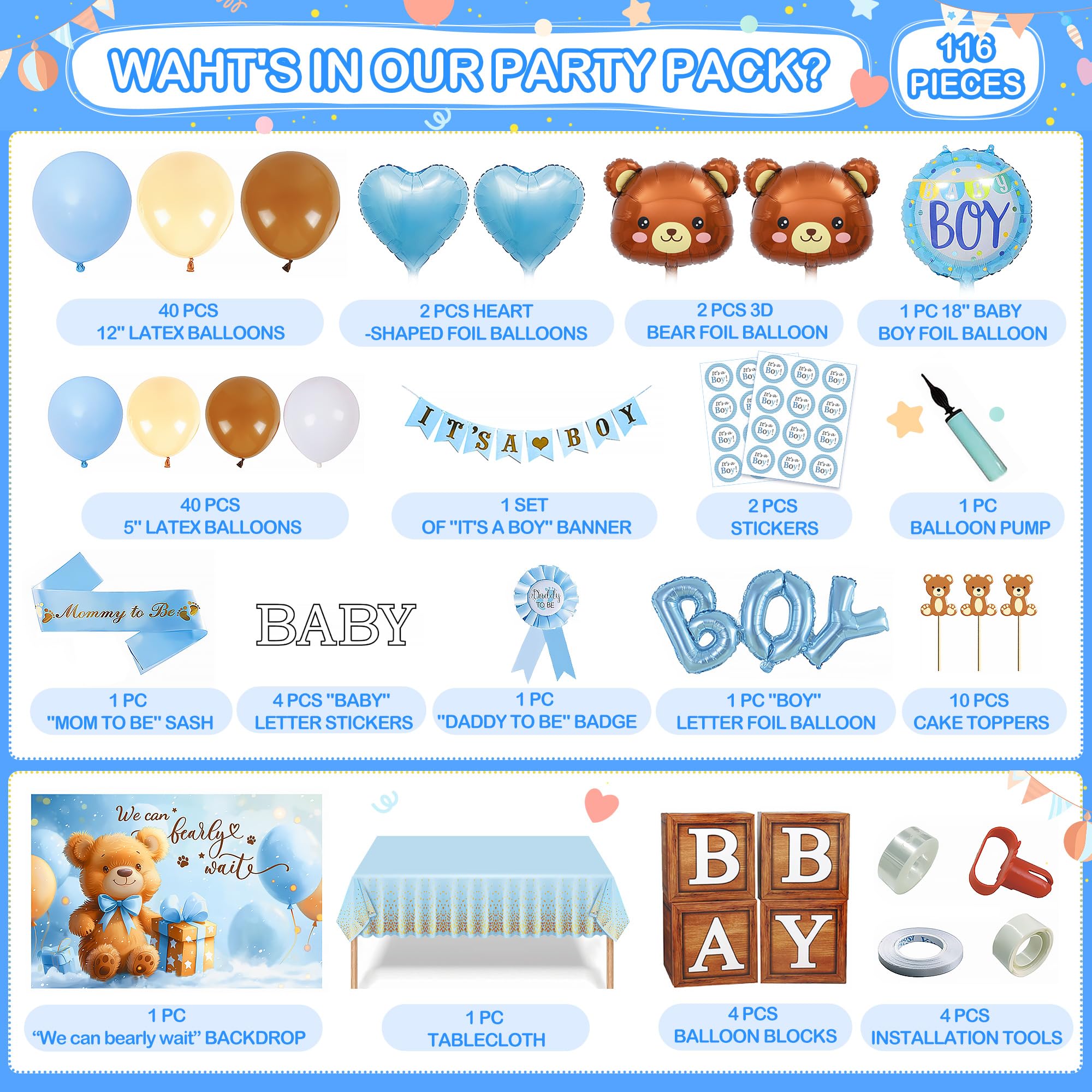 Party Spot!Bear Baby Shower Decorations Boy,80 pcs Balloons,4 Wood Grain Blocks with Letter,"We can bearly wait" Backdrop,Banner,Tablecloth,Balloon Pump, Blue Brown Bear Theme
