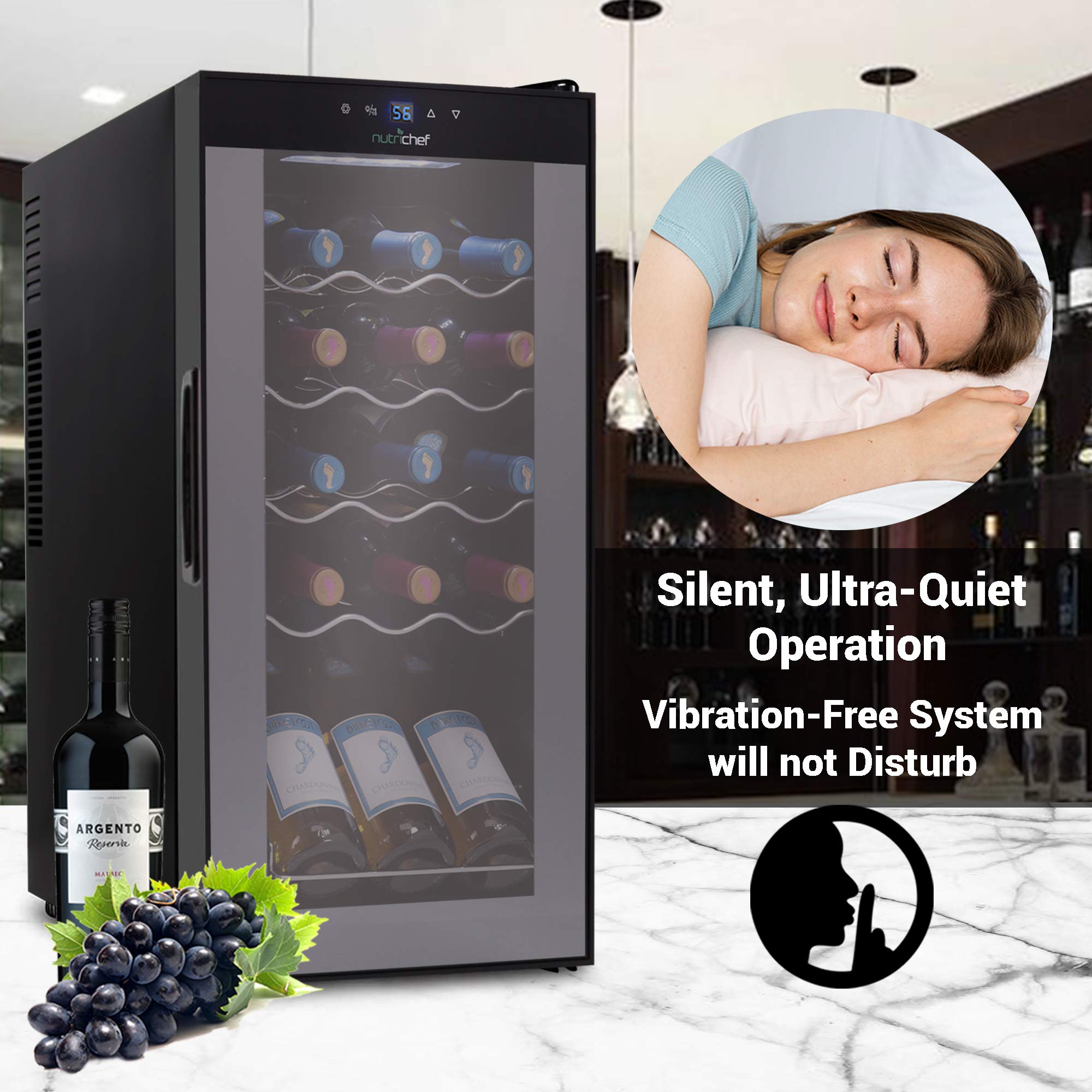 NutriChef 15 Bottle Compressor Refrigerator White & Red Chiller Countertop Cooler-Freestanding Compact Mini Wine Fridge Capacity, Digital Control, Glass Door, Black
