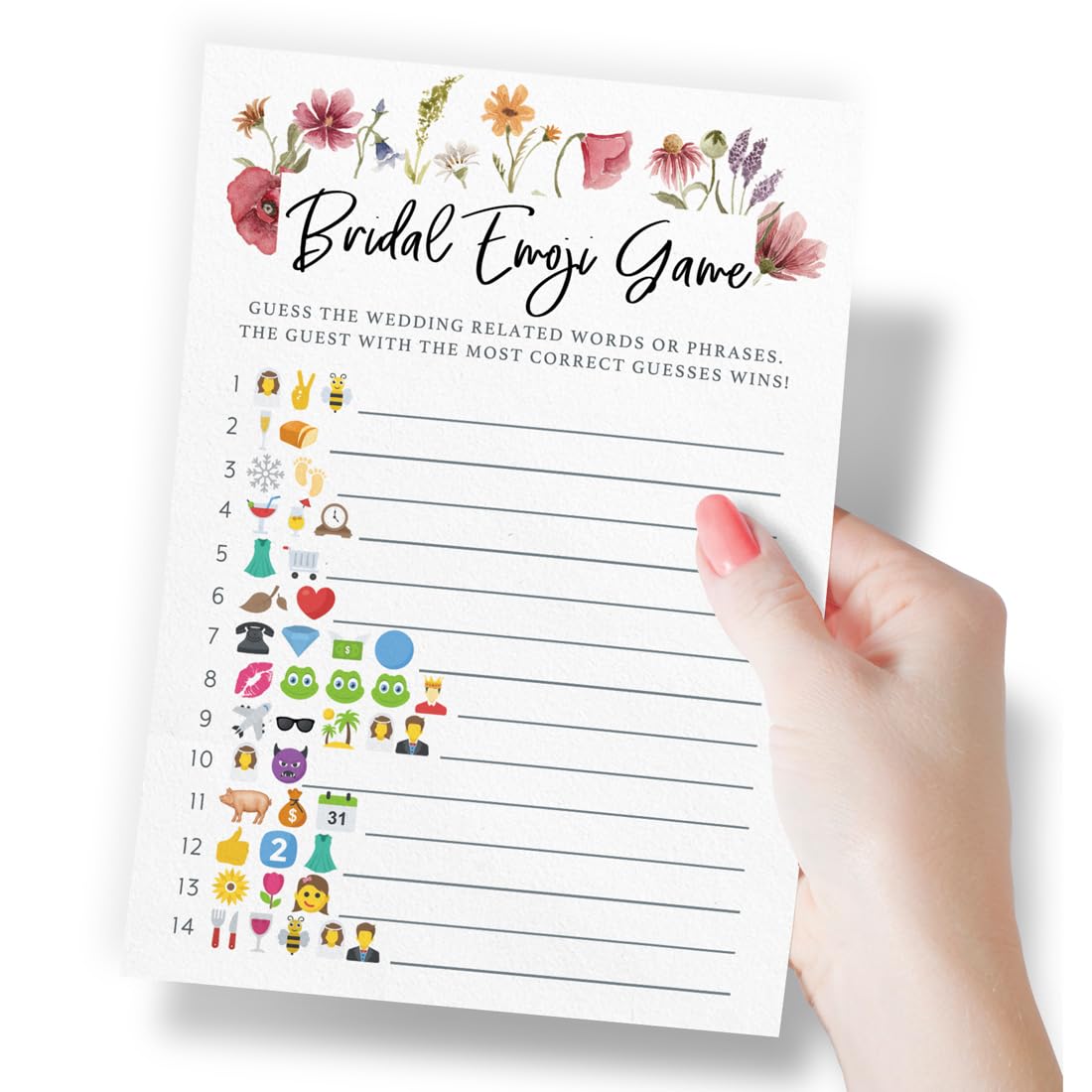 Printed Party Bridal Shower Game Set β 4 Fun Games and Activities for 30 Guests, Includes Bingo, Emoji Guessing, and Bride & Groom Trivia, Love In Bloom Wildflower Design