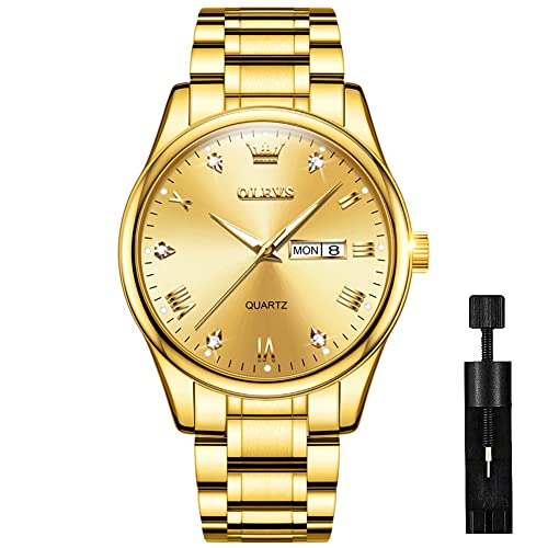 OLEVS Gold Watch for Men, Big Face Stainless Steel Watch, Easy to Read Analog Quartz Watch with Day Date, Waterproof Luminous Men's Dress Wrist Watch