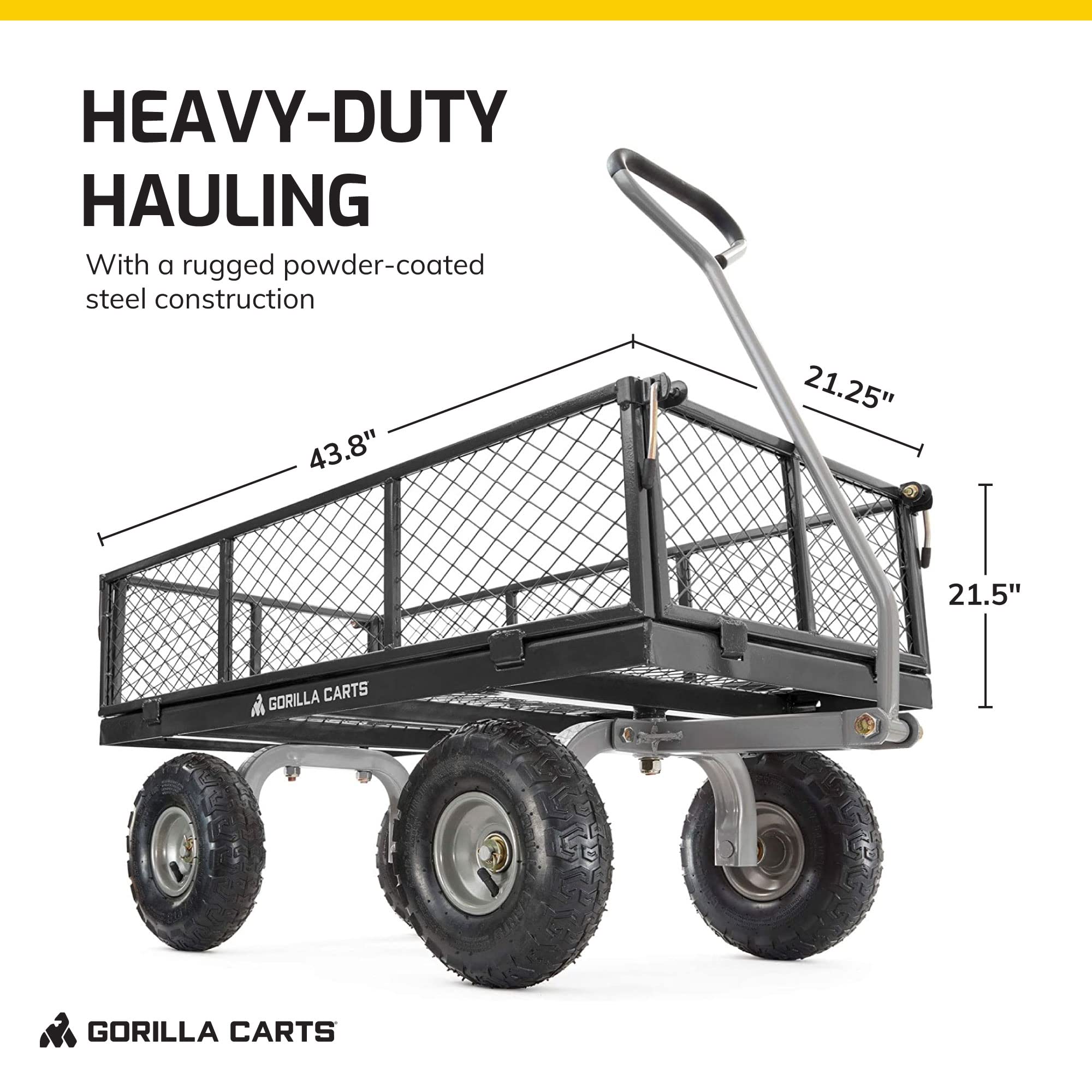 Gorilla Carts 800 Pound Capacity Steel Utility Cart, Flatbed Dolly Gardening Cart Outdoor Yard Wagon with Tow Handle and Removable Sides, Grey